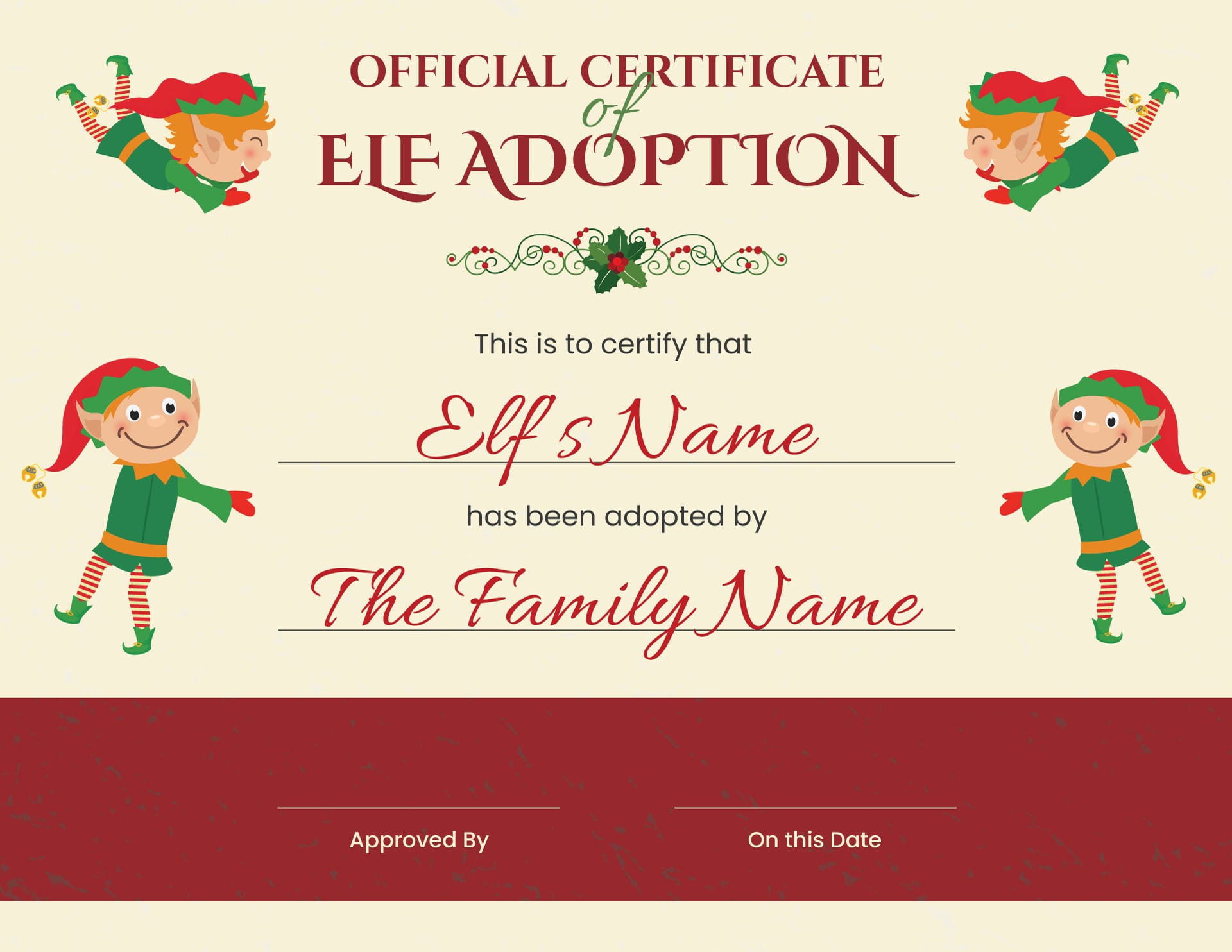 Santa’s Elf Adoption Approval Certificate Template (Landscape ...