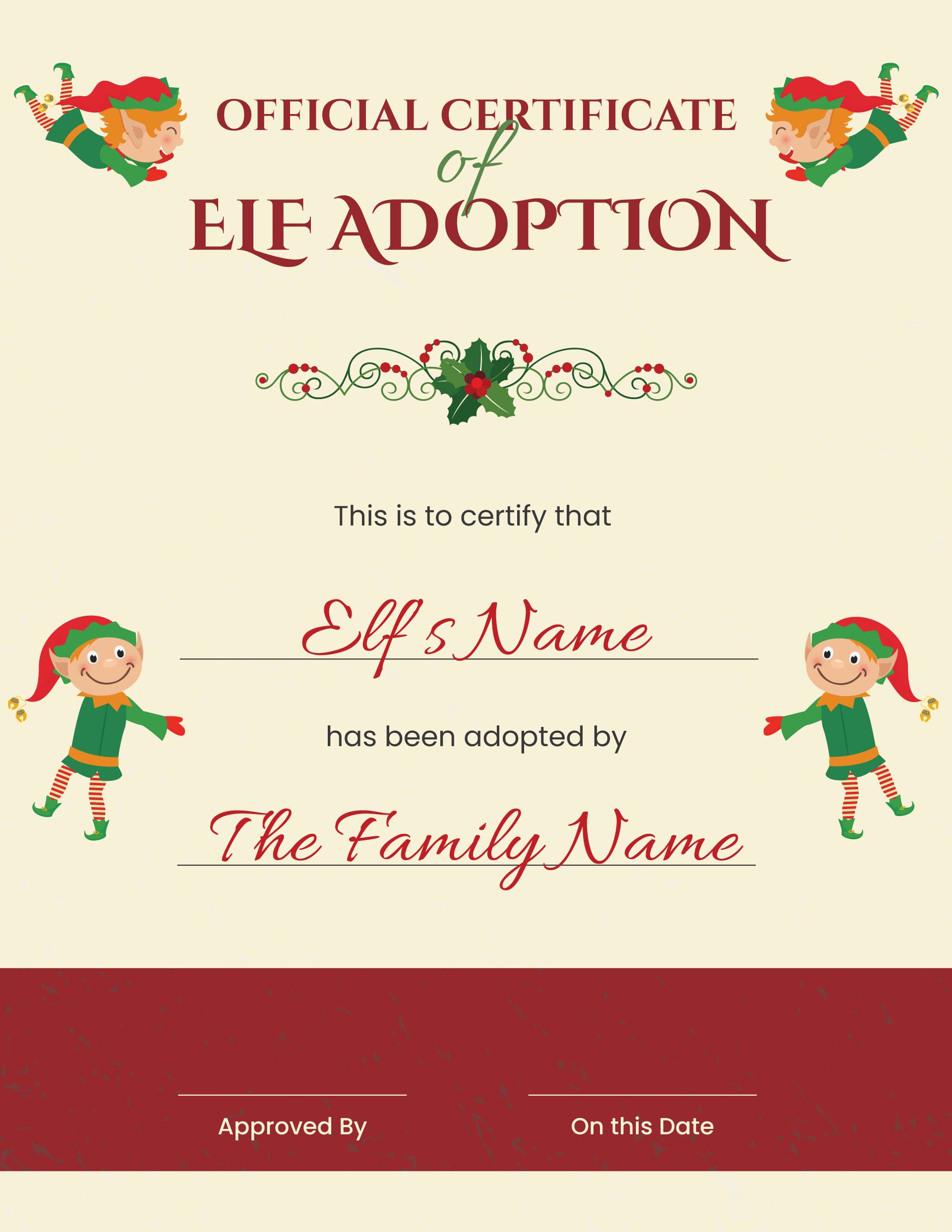 Santa’s Elf Adoption Approval Certificate Template (Portrait) - WordLayouts