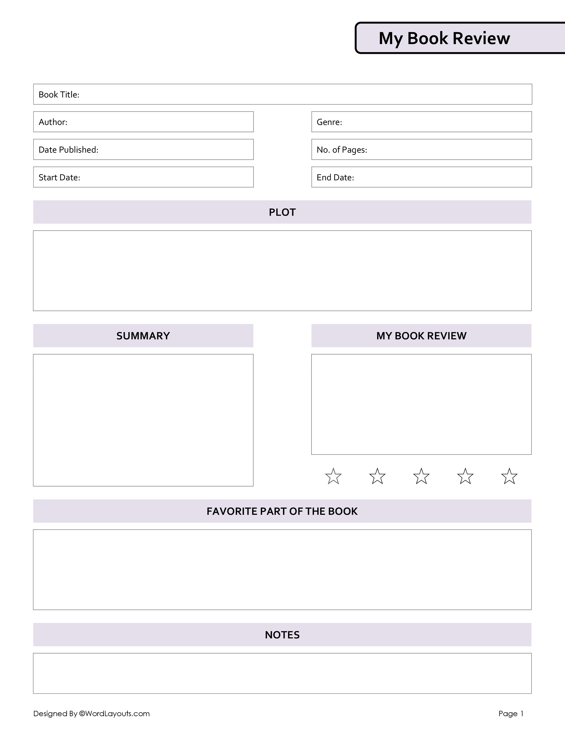 My Book Review: Reading Reflection Sheet - WordLayouts