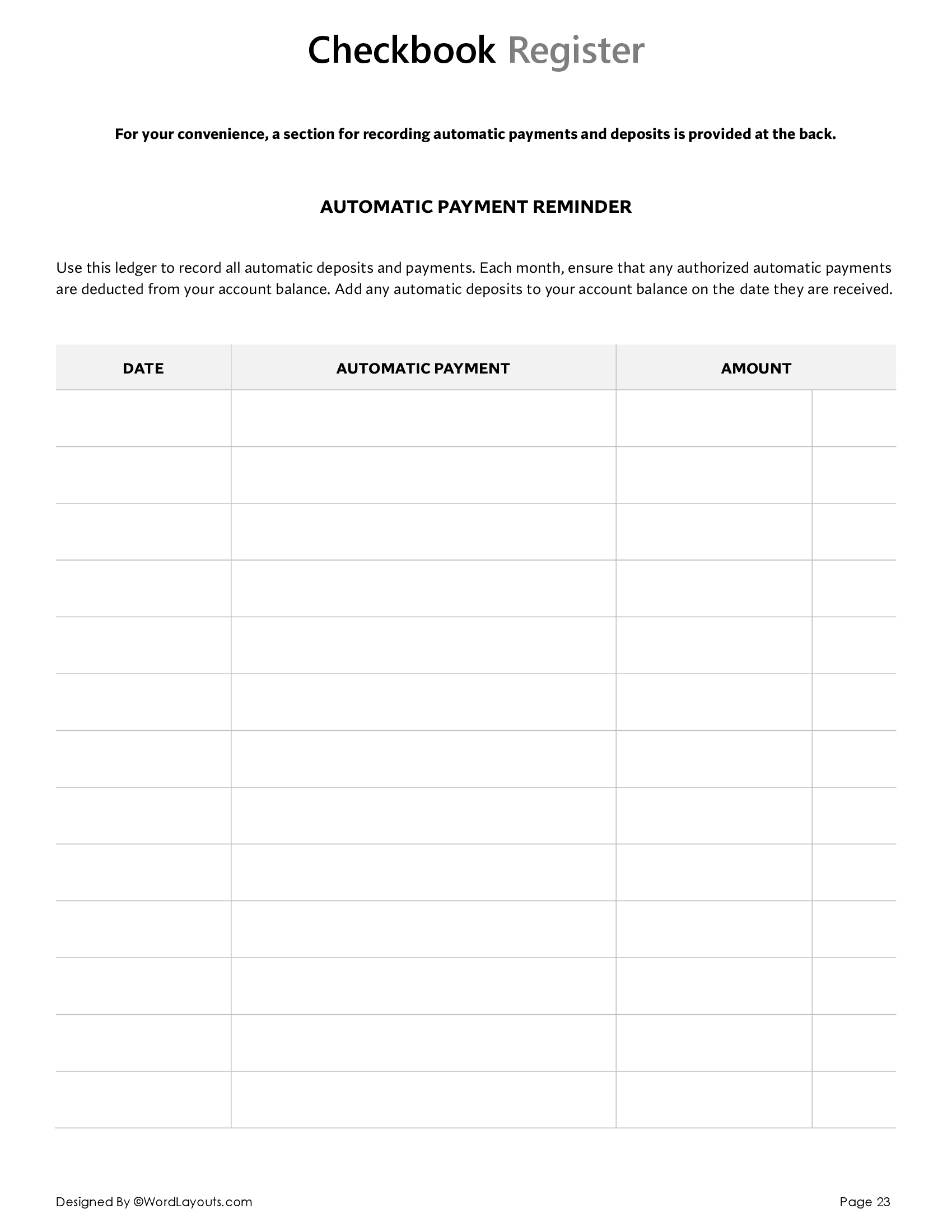 Checkbook Register Template - Printable - WordLayouts