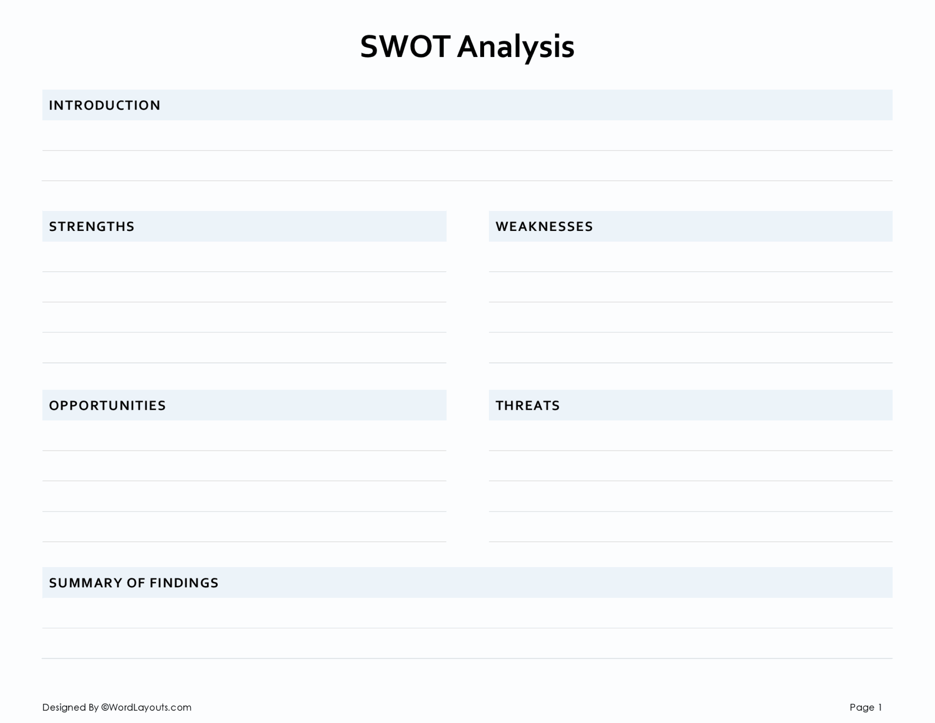Swot Analysis Template With Summary Section Wordlayouts
