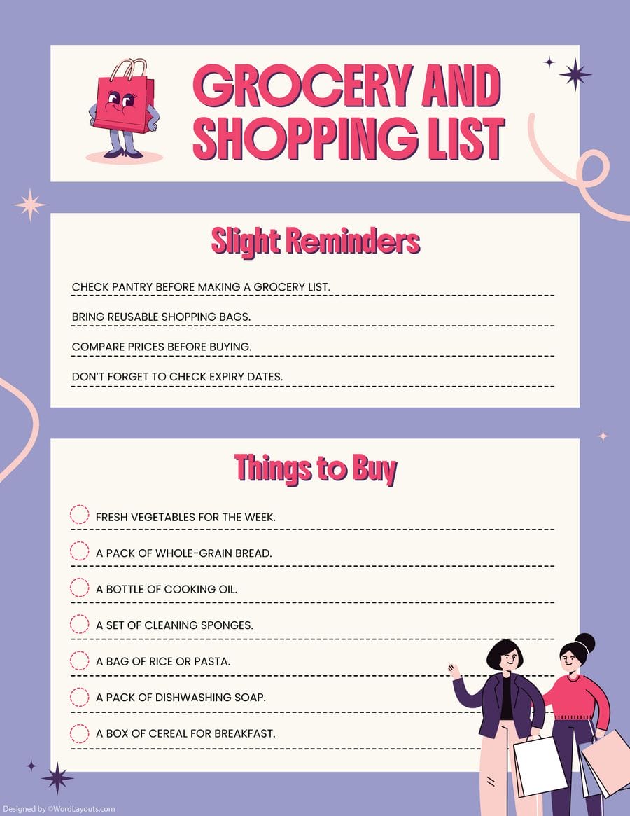 Fun Grocery and Shopping List Template - WordLayouts