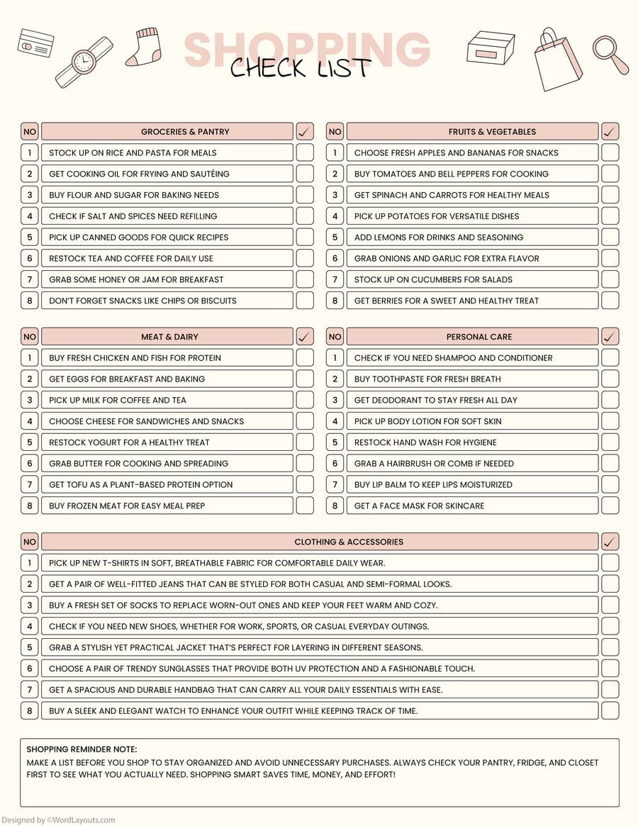 Organized Shopping List Template - WordLayouts
