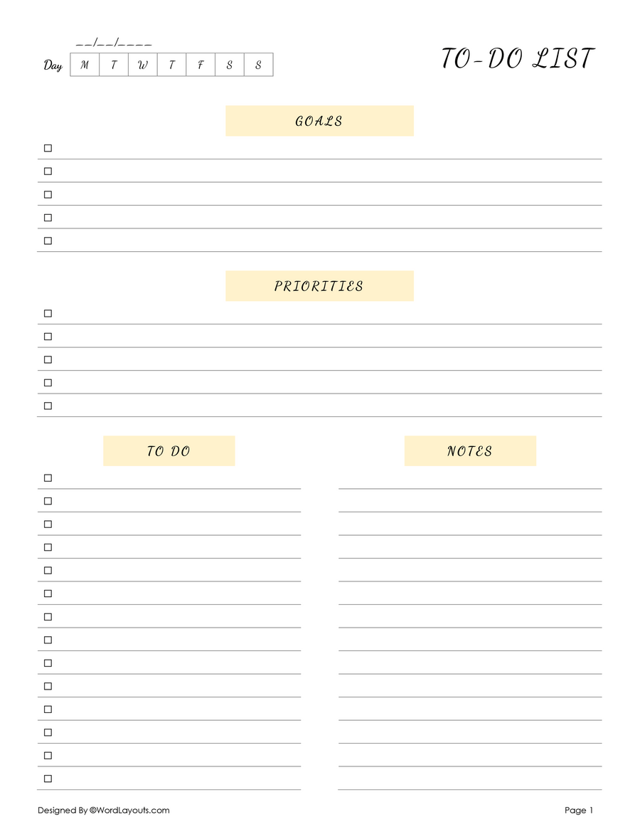 Focused Daily Task Sheet Template - WordLayouts