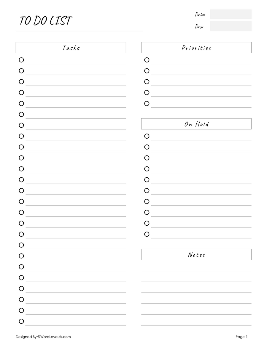Organize Your Day – Printable Task Sheet Template - WordLayouts