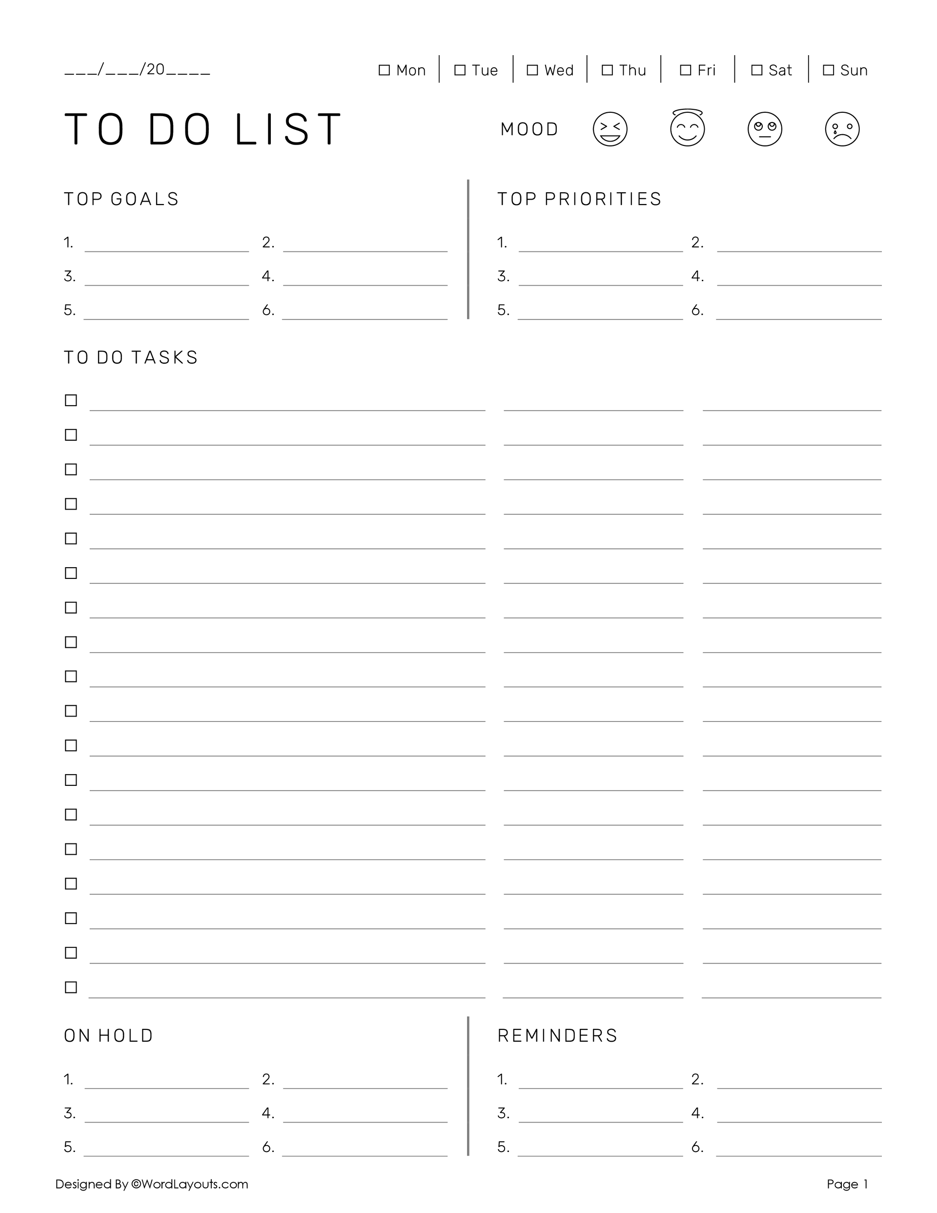 Weekly Task List Template With Goals & Notes - WordLayouts
