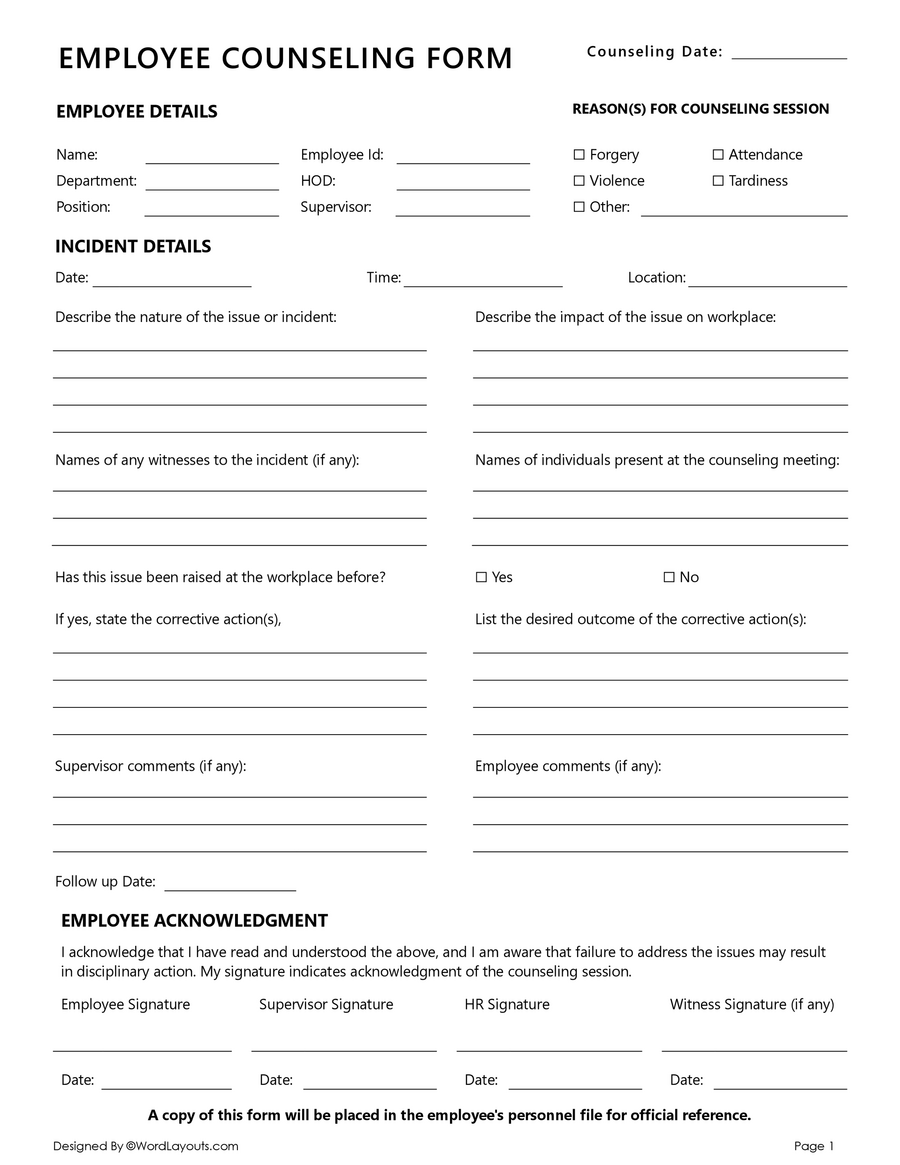 Employee Counseling Form - WordLayouts
