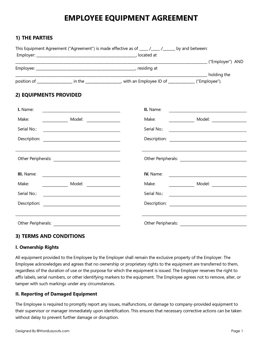 Free Employee Equipment Agreement Template - WordLayouts