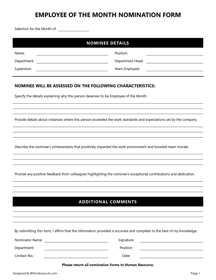 Employee of the Month Nomination Form Template