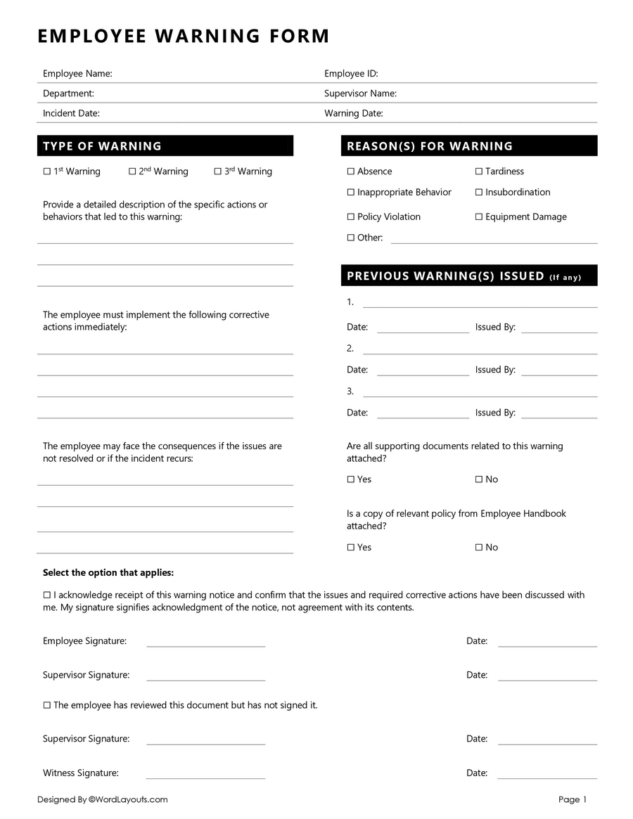 Free Employee Warning Notice Template - WordLayouts