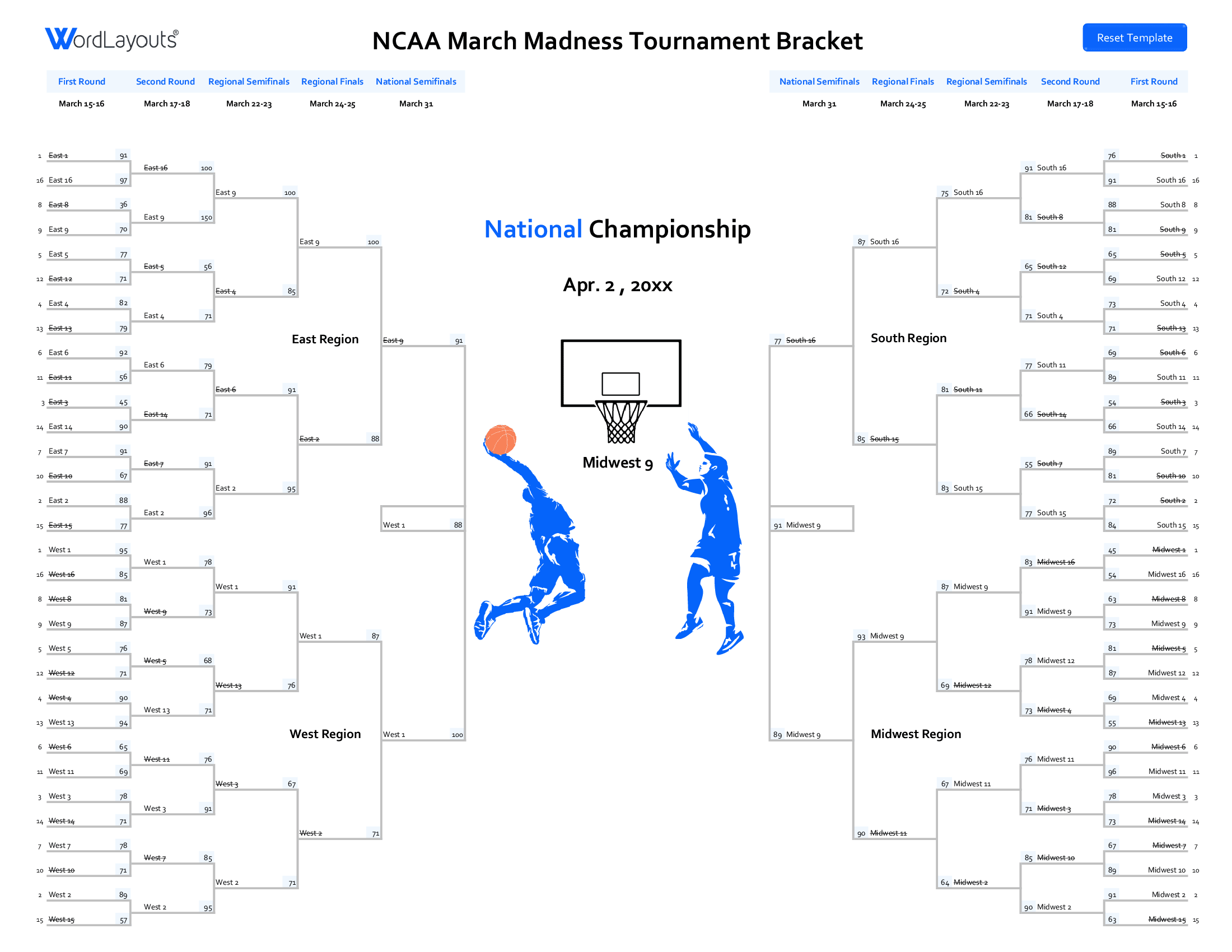 NCAA March Madness Tournament Bracket Template (Excel)