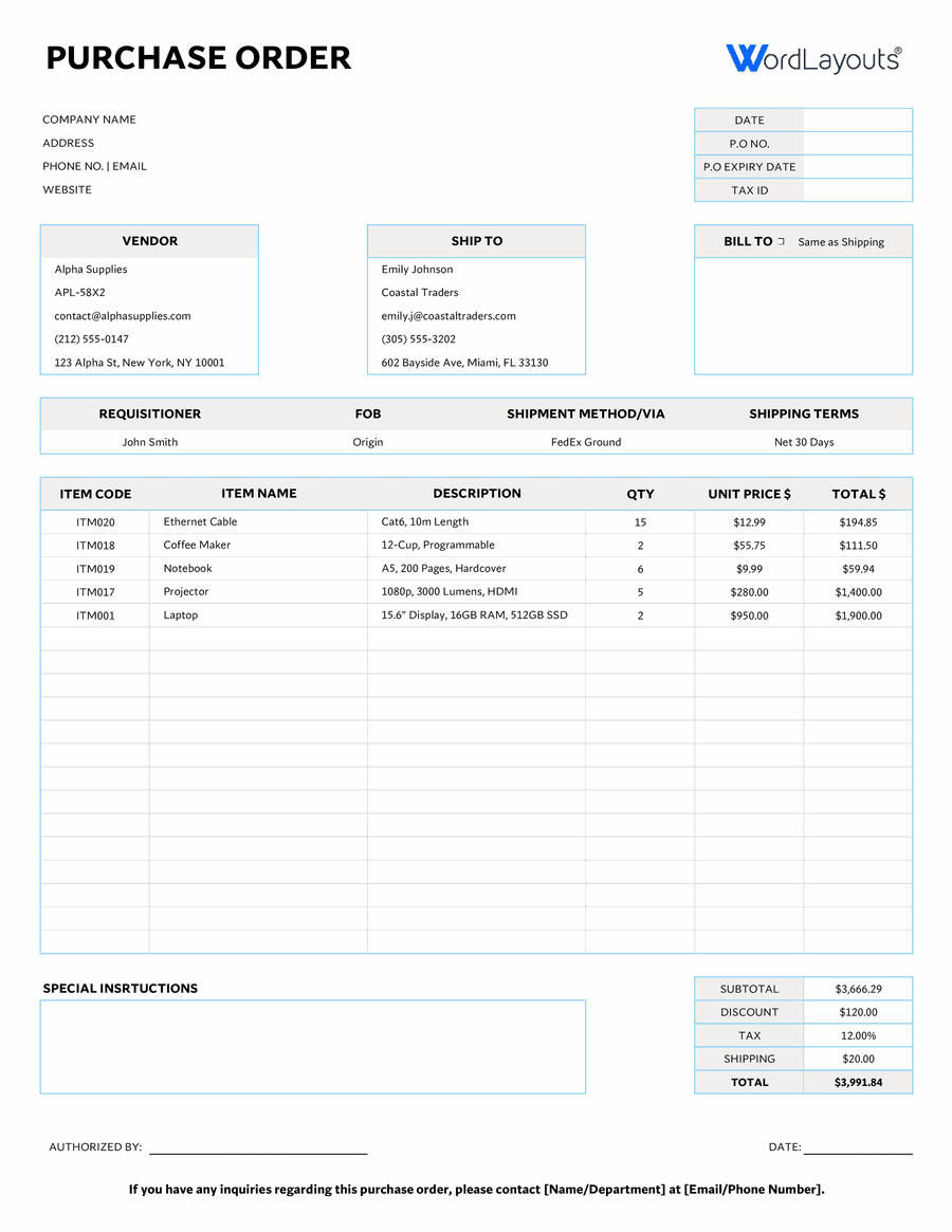Free Purchase Order Template | Excel - Google Sheets