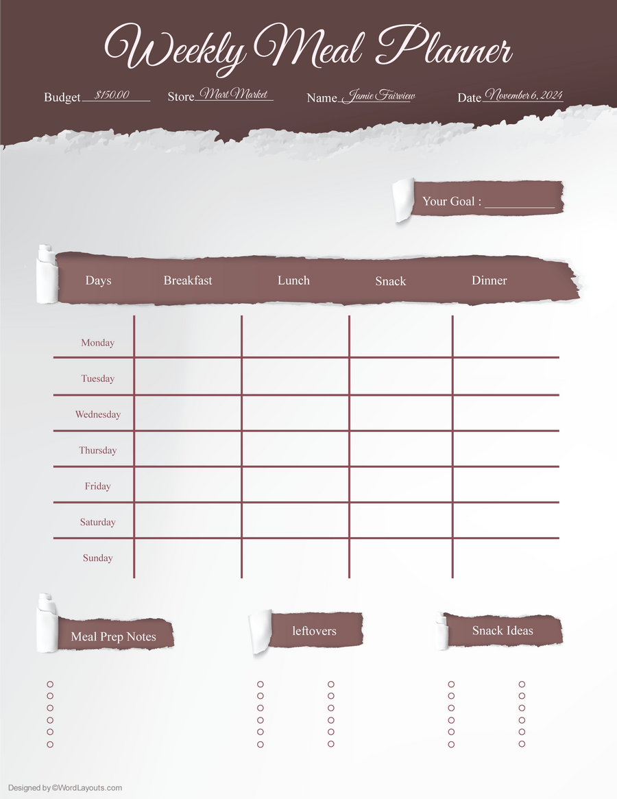 Tattered Note Meal Planner Template - WordLayouts