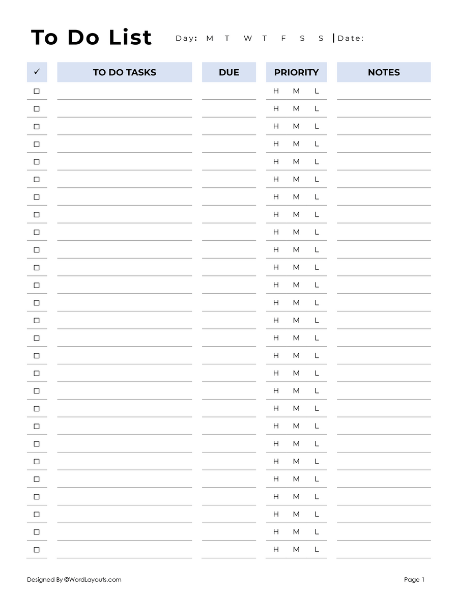 Daily Priority & Task Tracker Template - WordLayouts