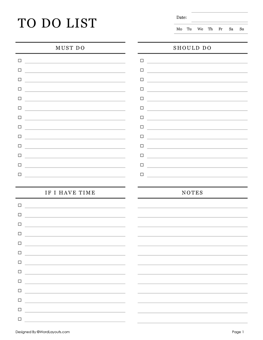 Weekly Task List Template With Goals & Notes - WordLayouts