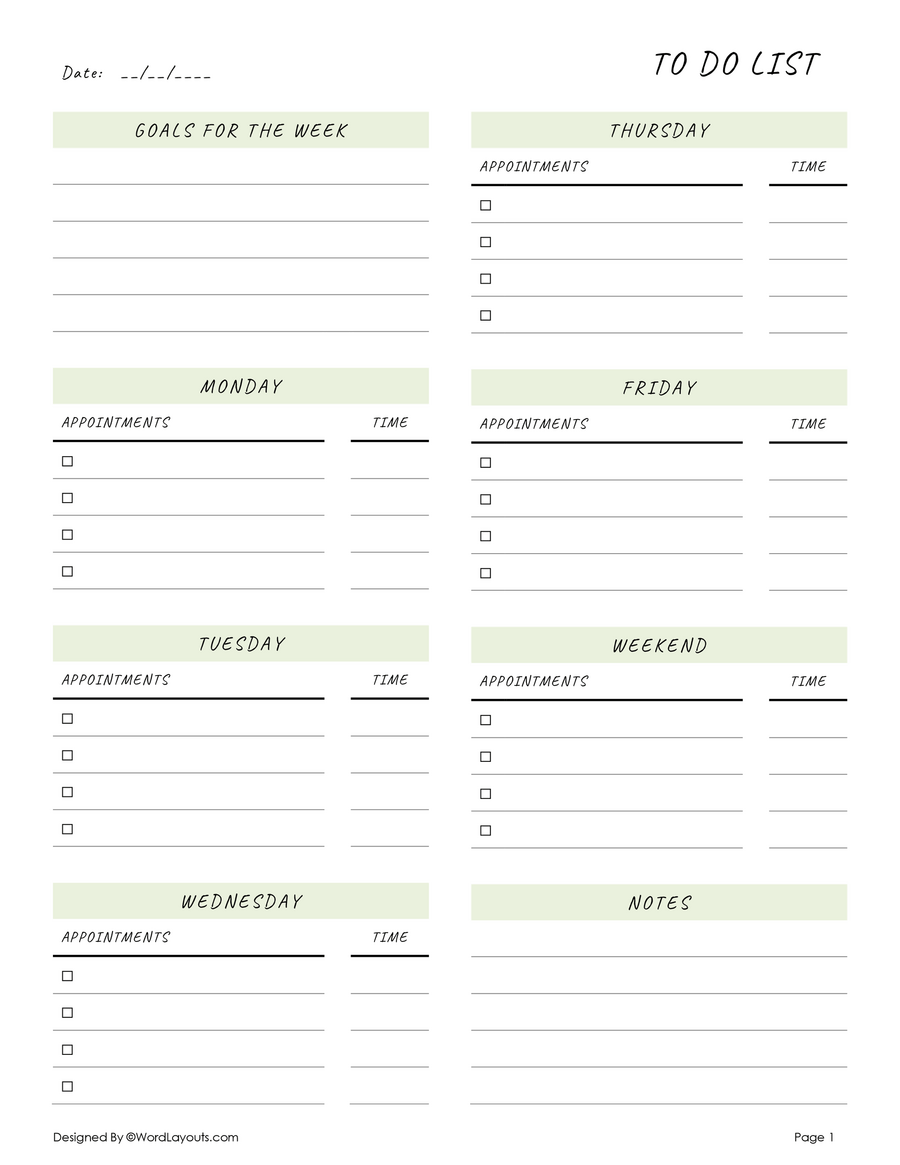 Weekly Task List Template With Goals & Notes - WordLayouts
