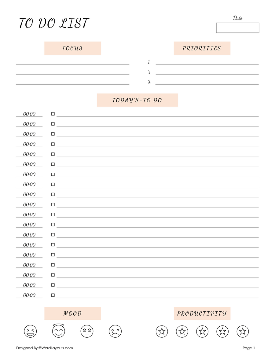 Focused Daily Task Sheet Template - WordLayouts