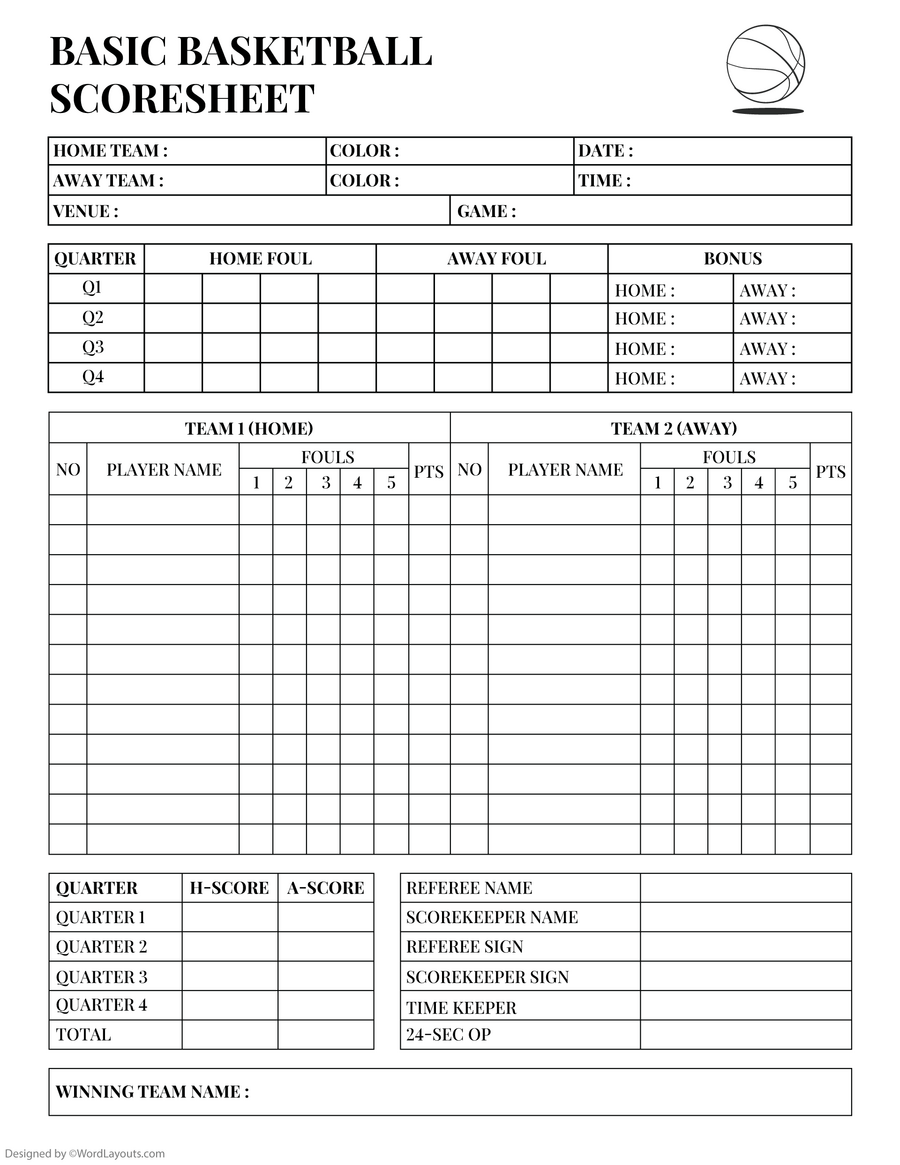 FIBA Basketball Score Sheet Template - WordLayouts