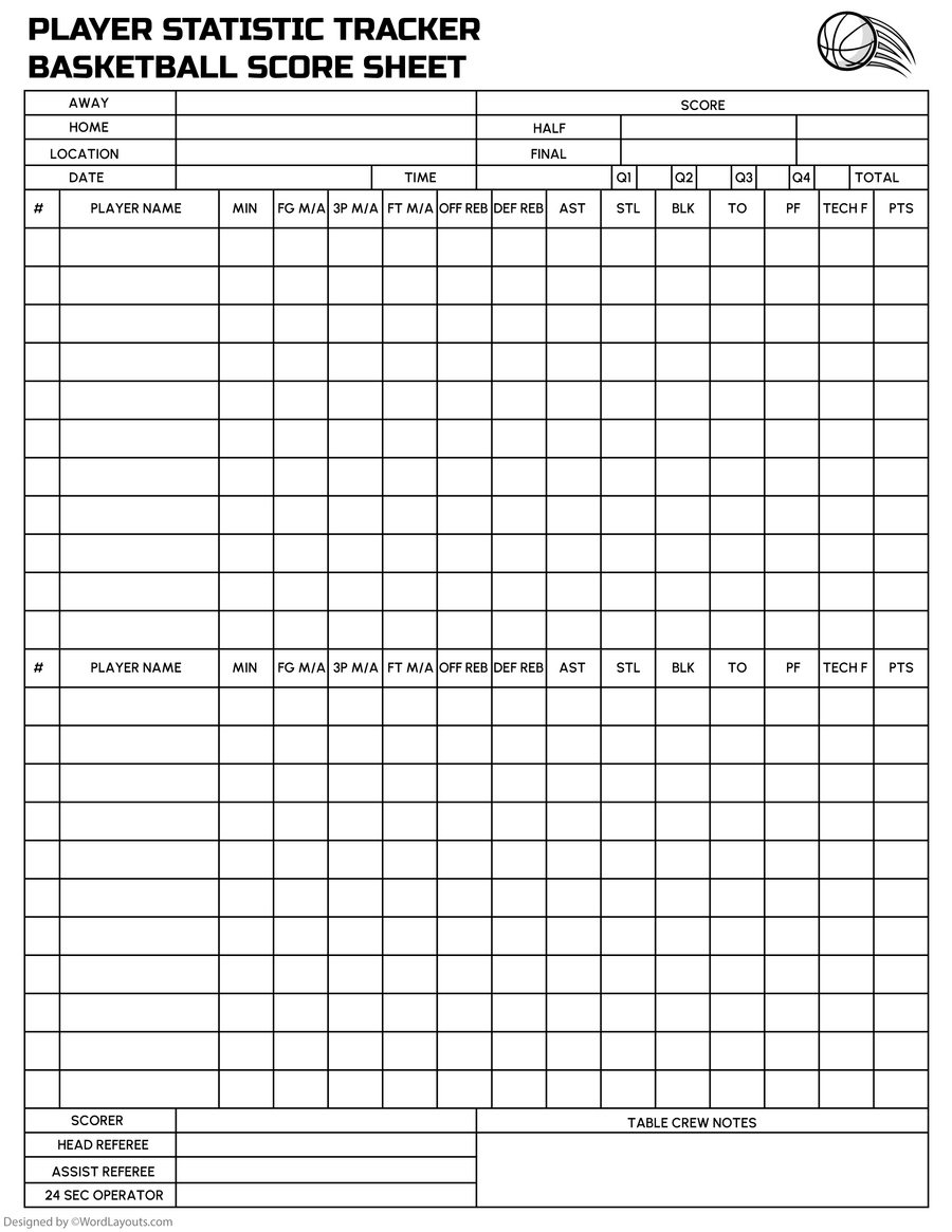 Referee Game Log Basketball Sheet Template - WordLayouts