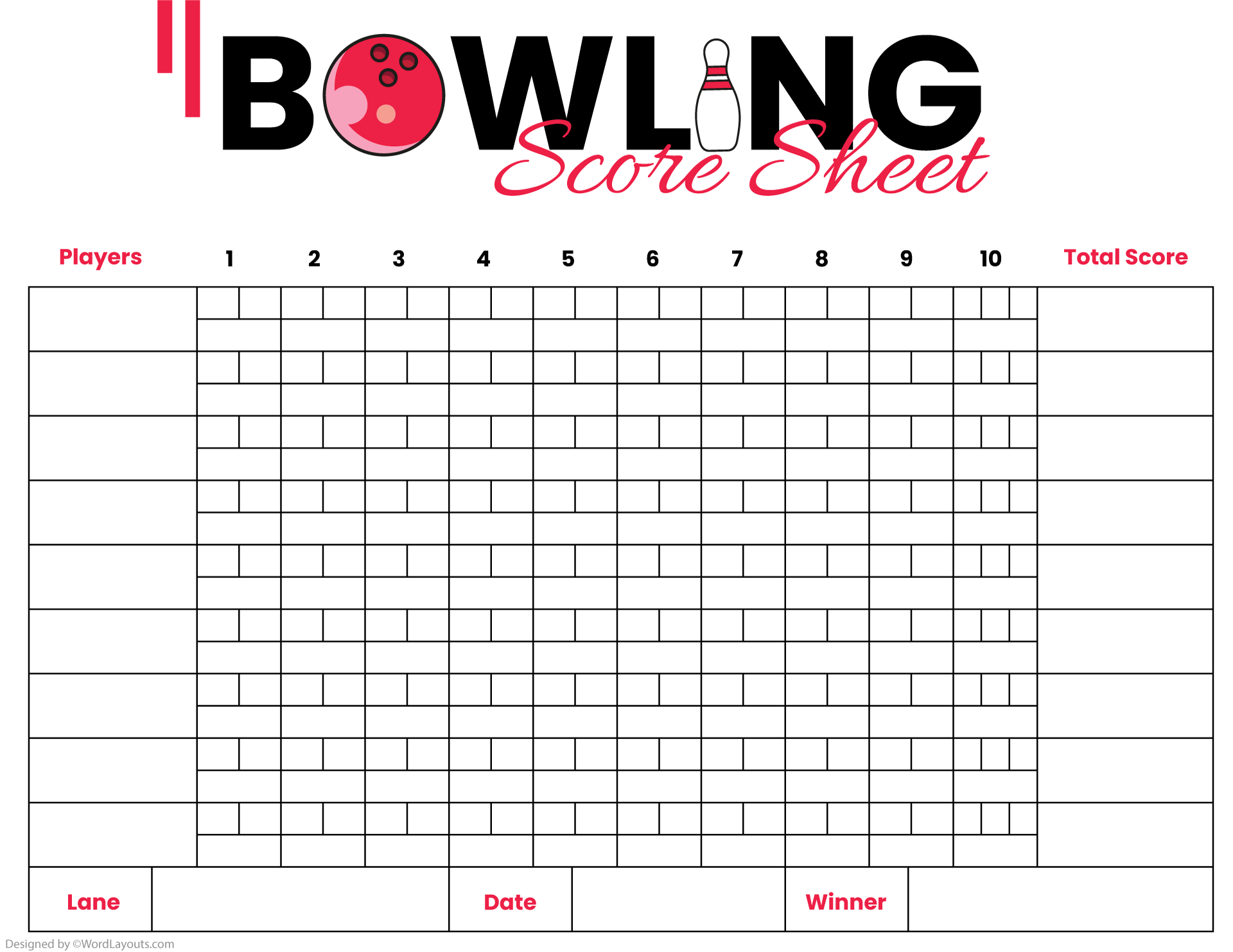 Green & Yellow Themed Bowling Score Sheet Template - WordLayouts