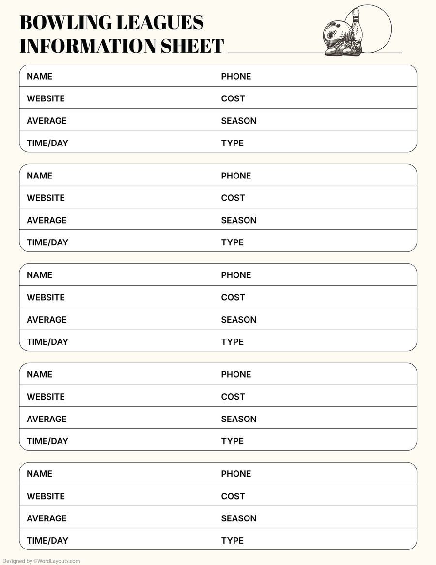 Bowling Leagues Information Sheet Template - WordLayouts