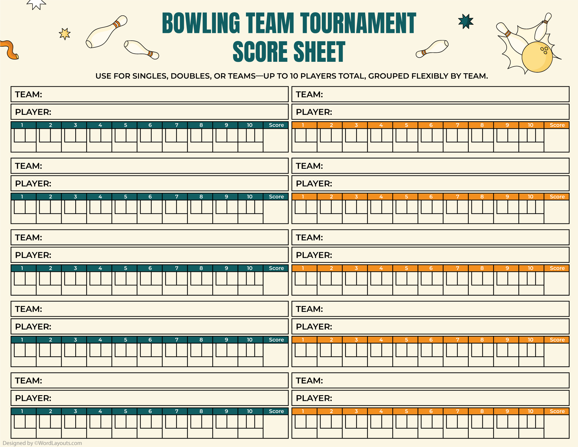 Bowling Tournament Score Sheet Template - WordLayouts