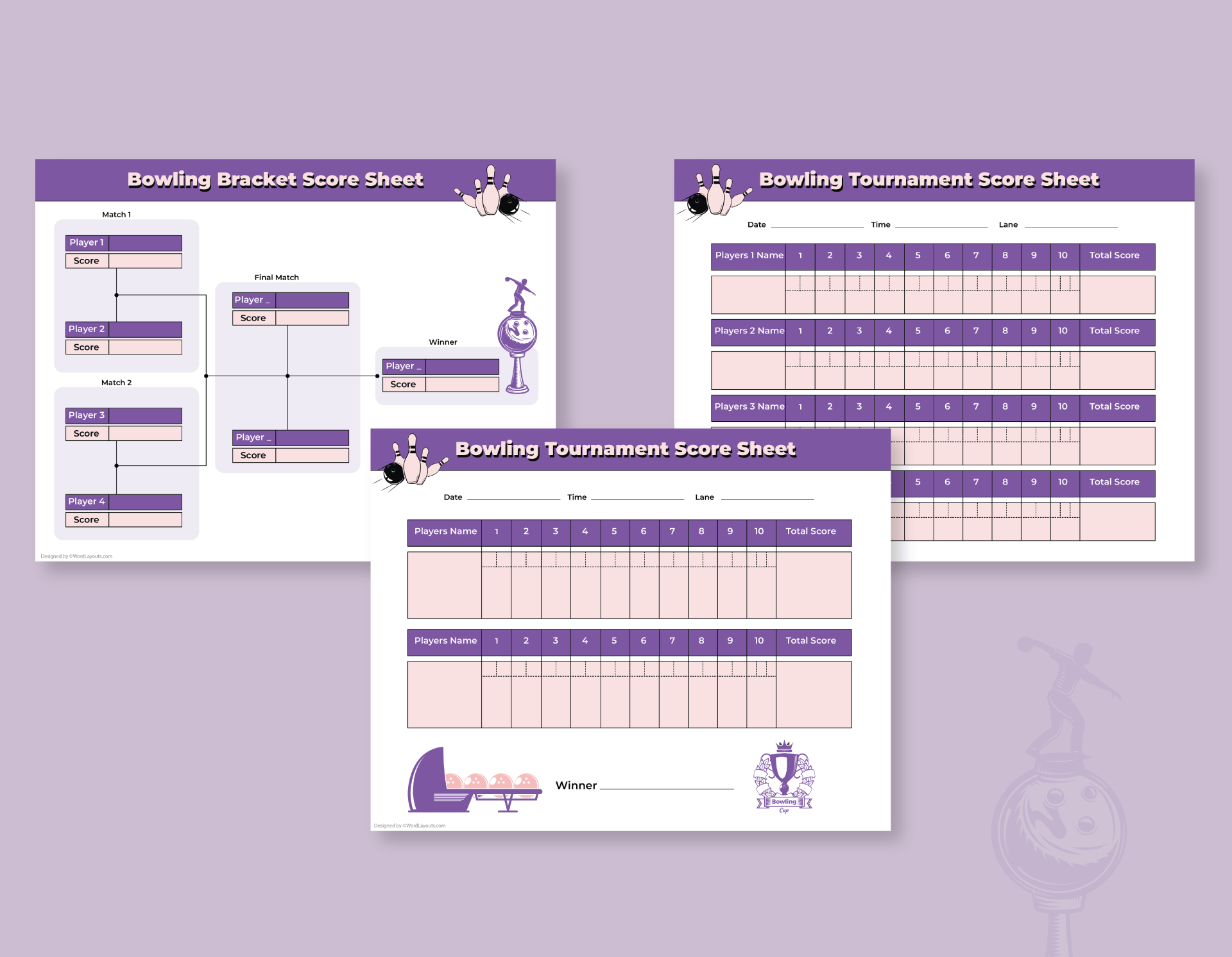 4 Players Bowling Tournament & Score Sheets - WordLayouts