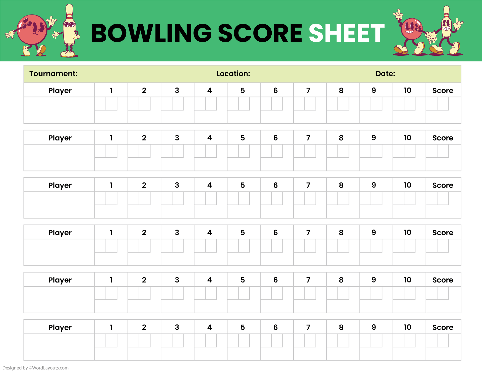 Printable Bowling Score Sheet Template - WordLayouts