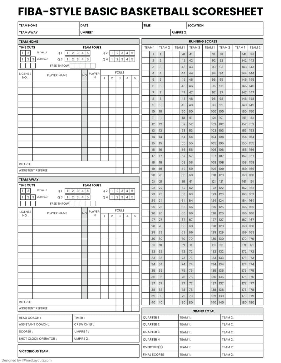 Basic Basketball Score Sheet Template - WordLayouts