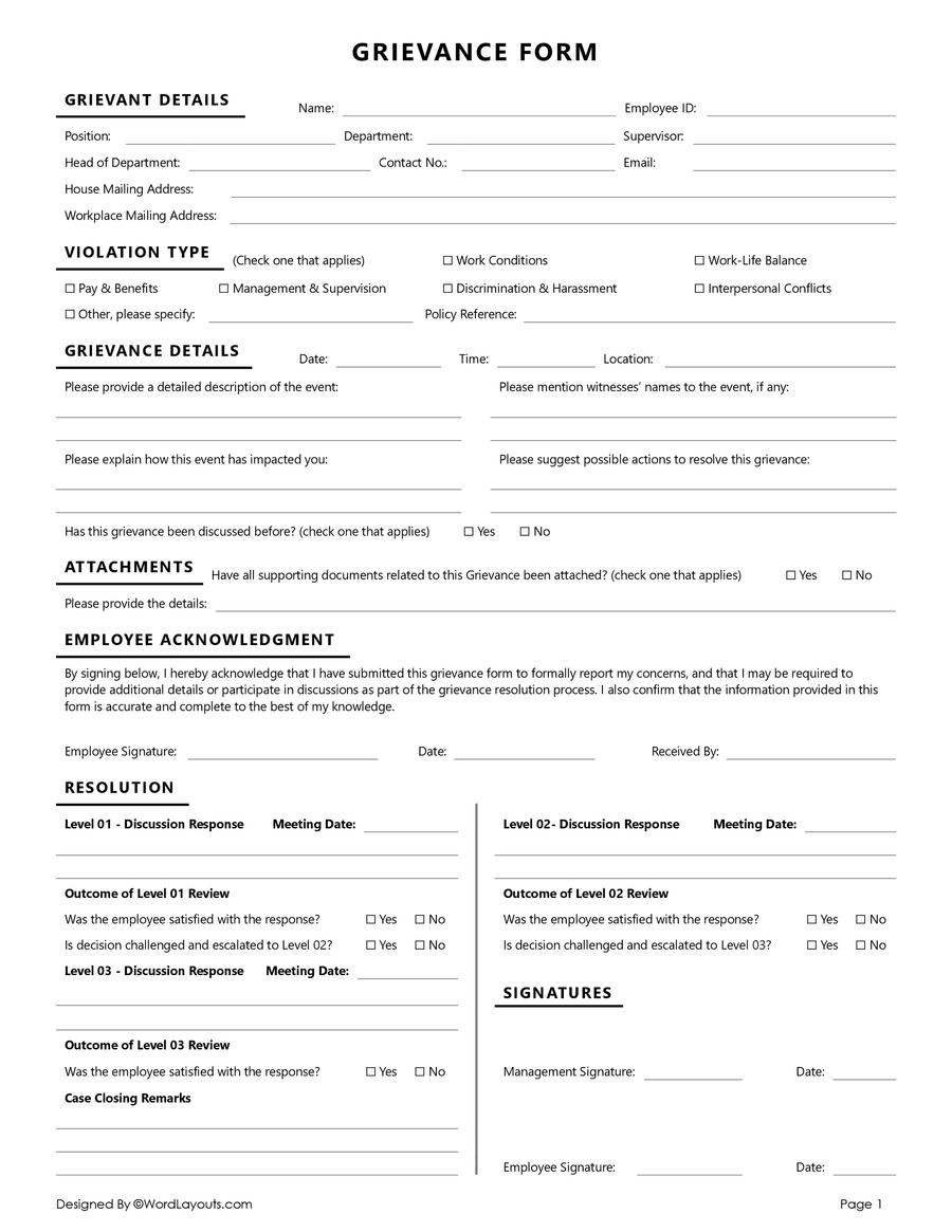 Employee Grievance Form Template - WordLayouts