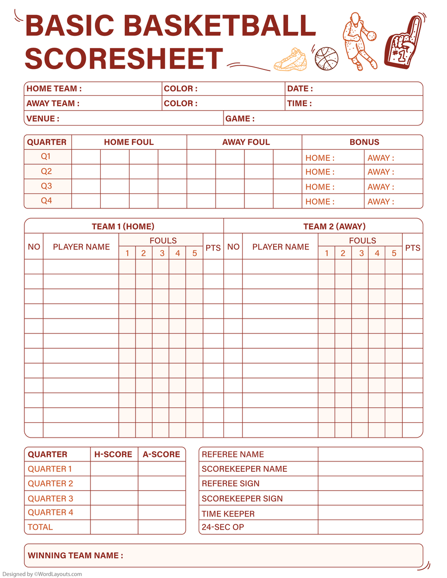 Referee Game Log Basketball Sheet Template - WordLayouts