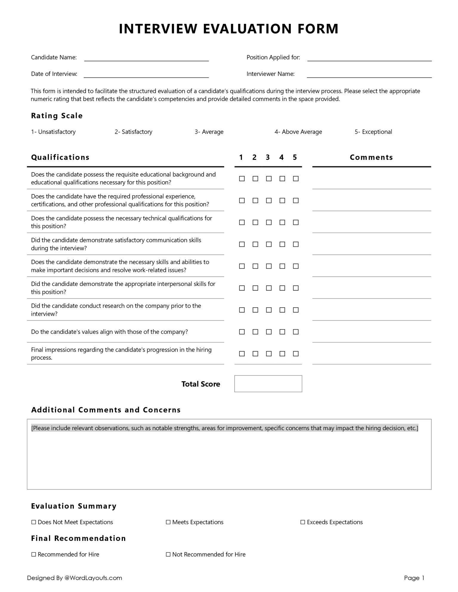 Supervisor Evaluation Form Template Gdocs Wordlayouts