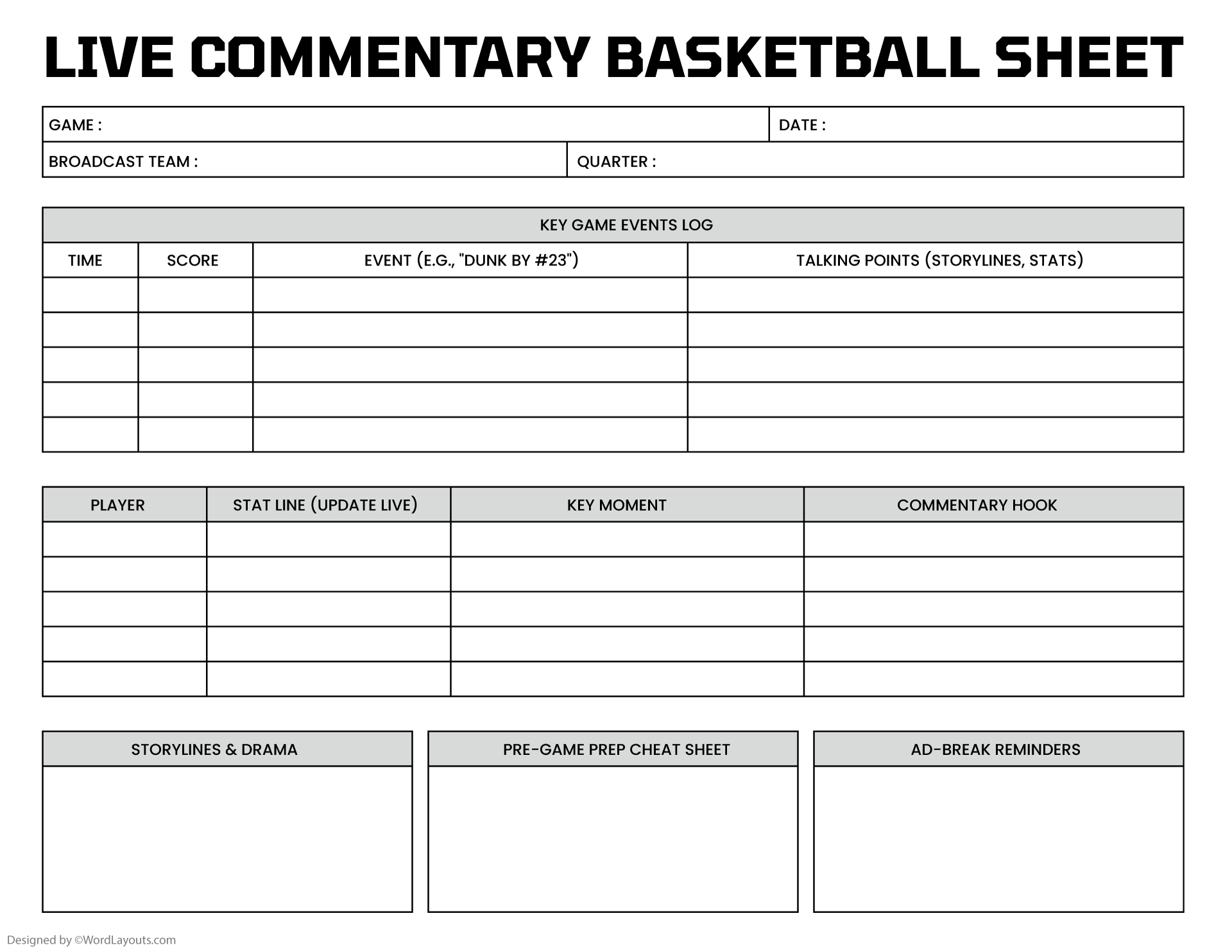 Live Commentary Basketball Sheet Template - WordLayouts