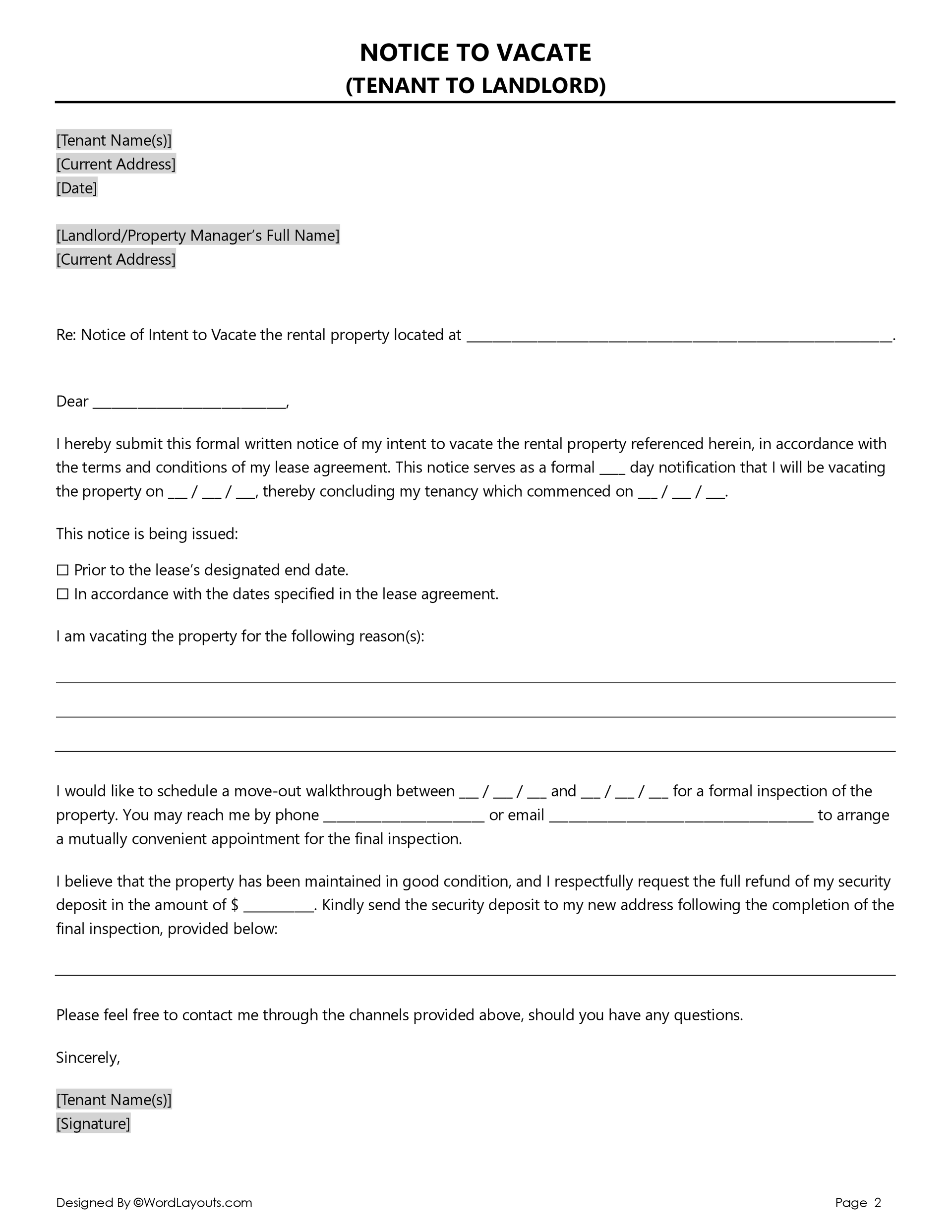 Free Notice to Vacate Template (For Landlord and Tenant)