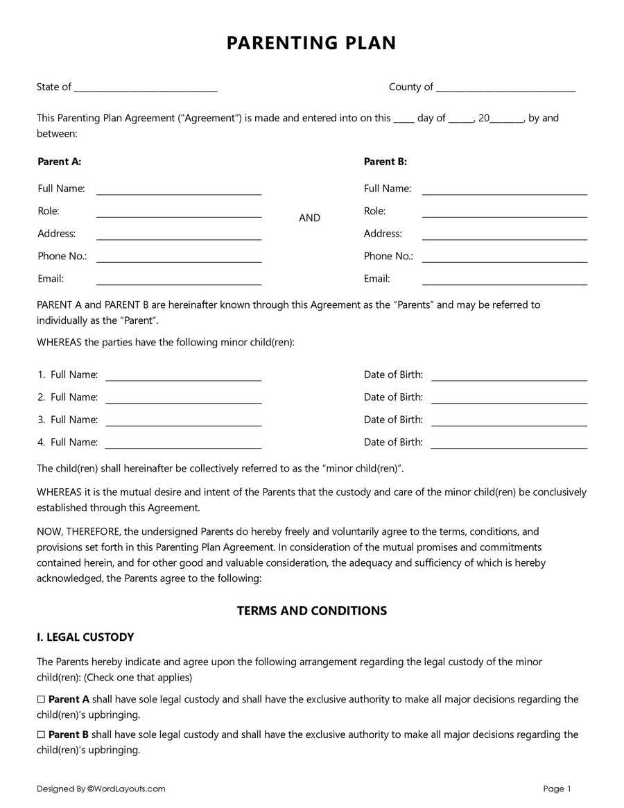 Parenting Plan Template - Word | Google Docs