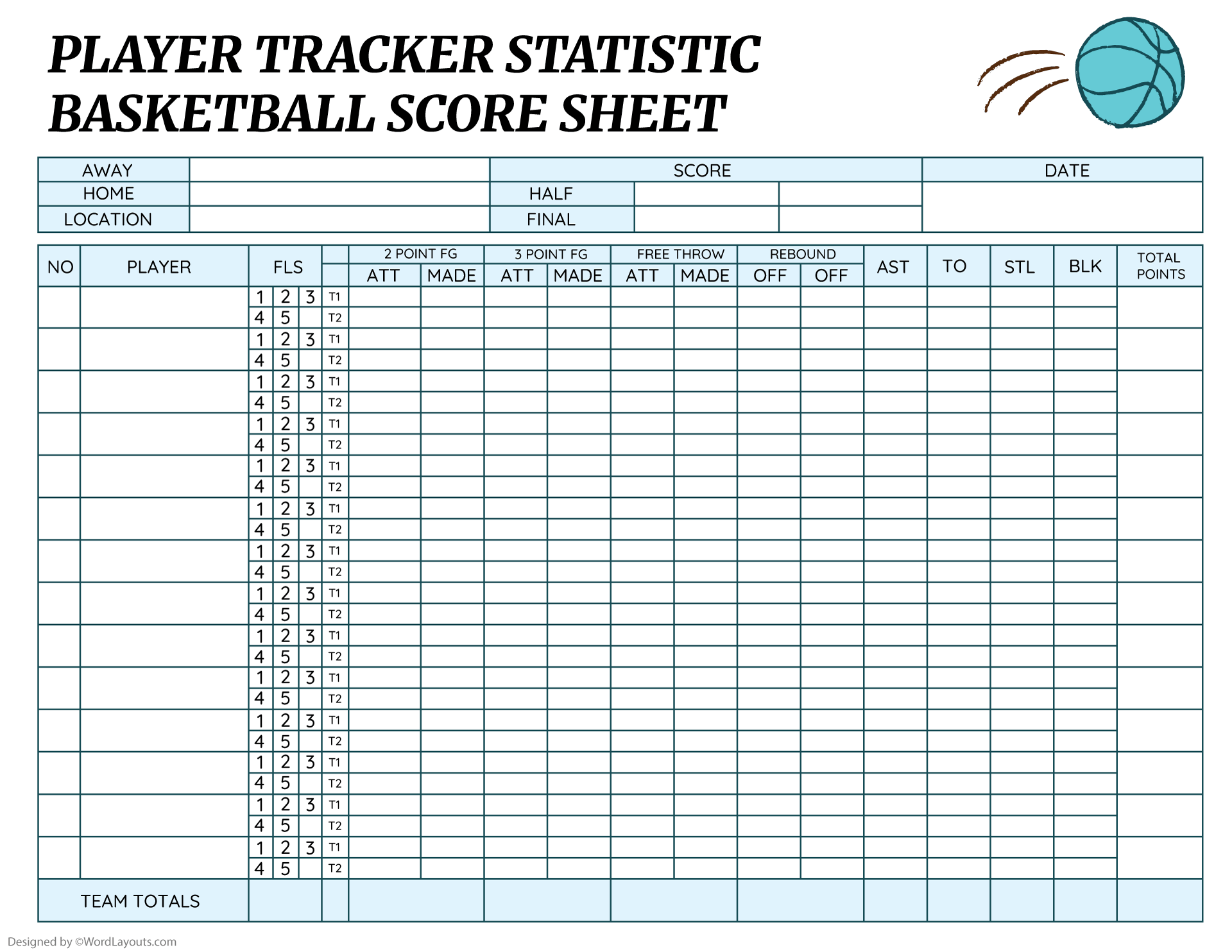Printable Score Basketball Stat Sheet