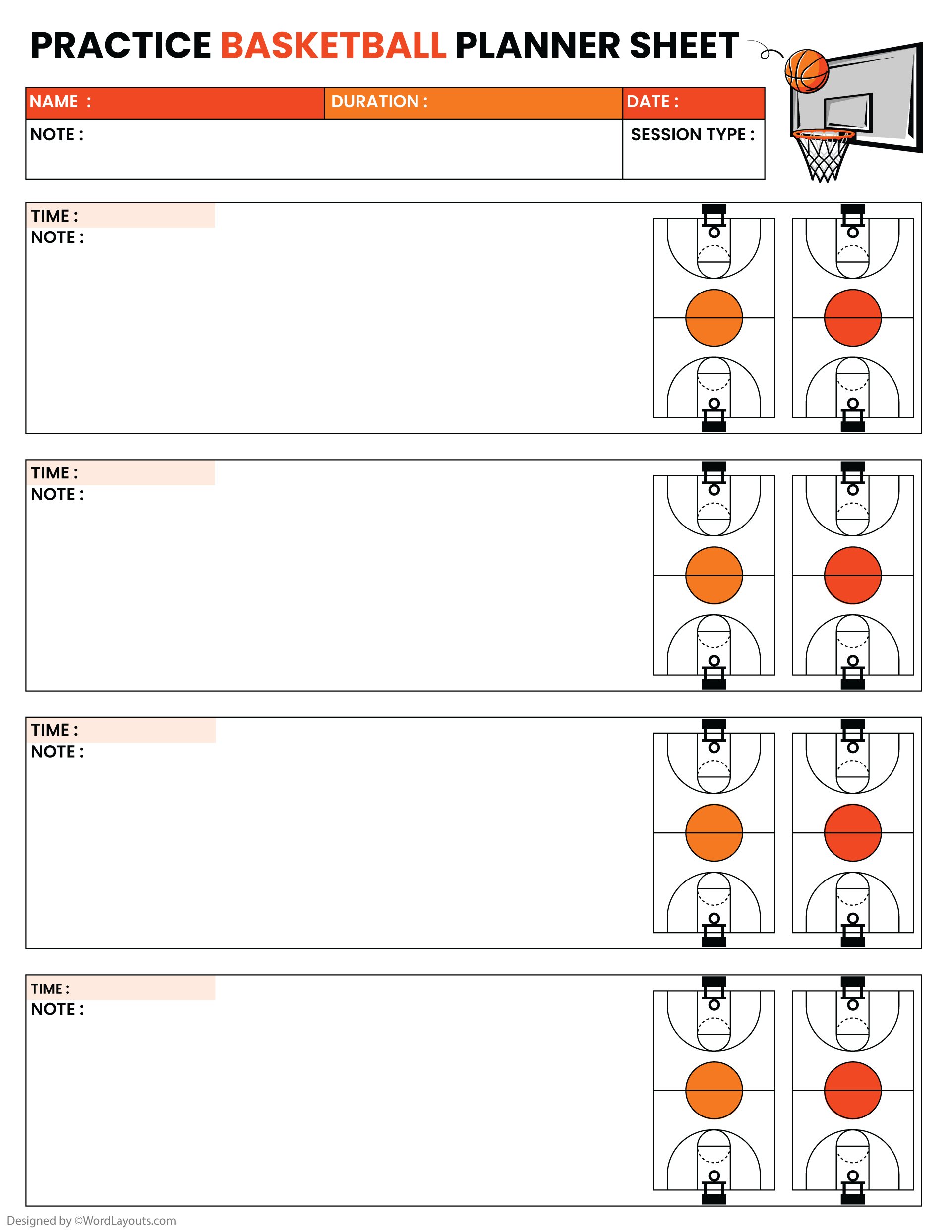Basketball Game Planner Sheet Template - WordLayouts