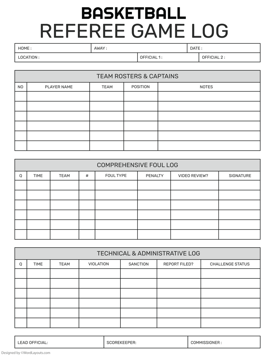 Referee Game Log Basketball Sheet Template - WordLayouts