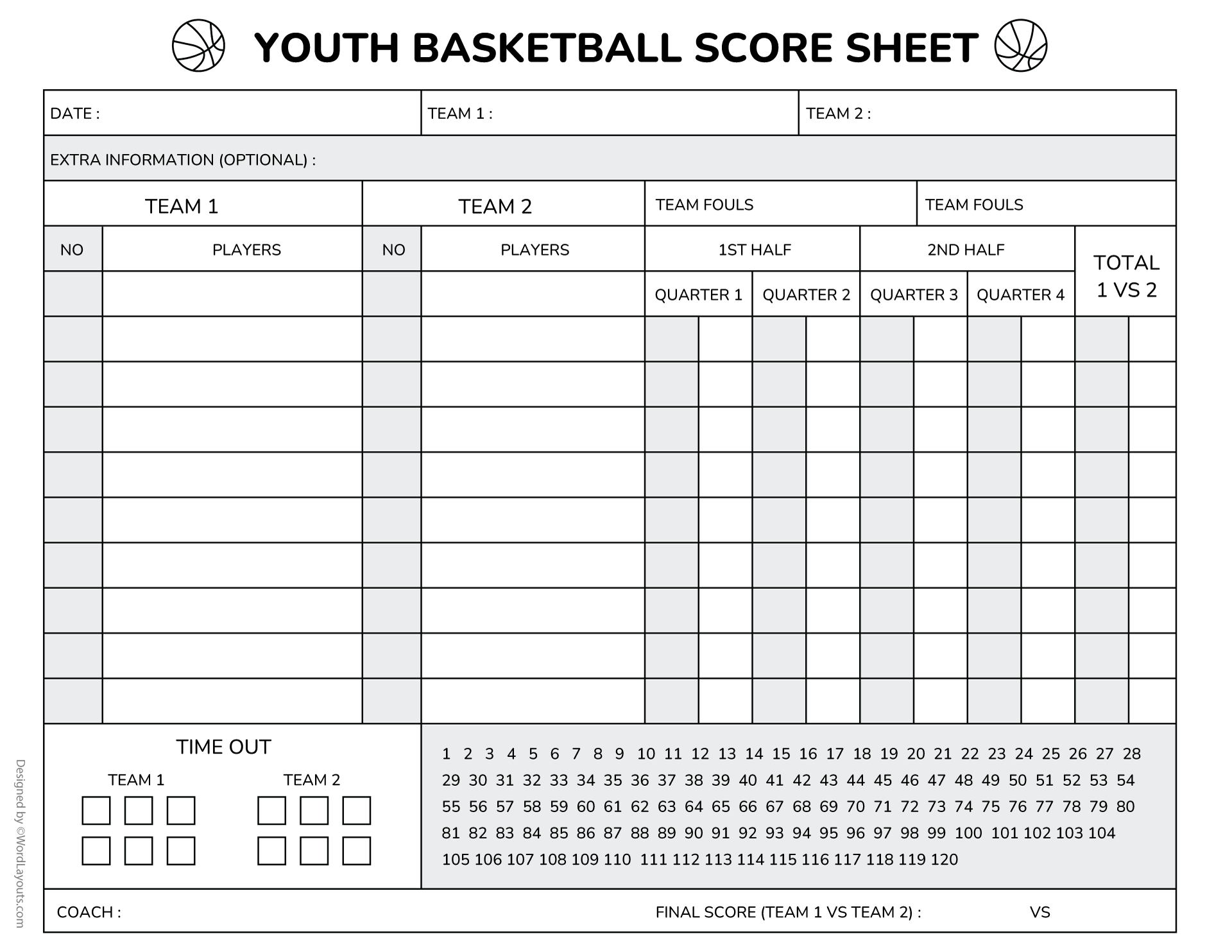 Youth Basketball Score Sheet Template - WordLayouts