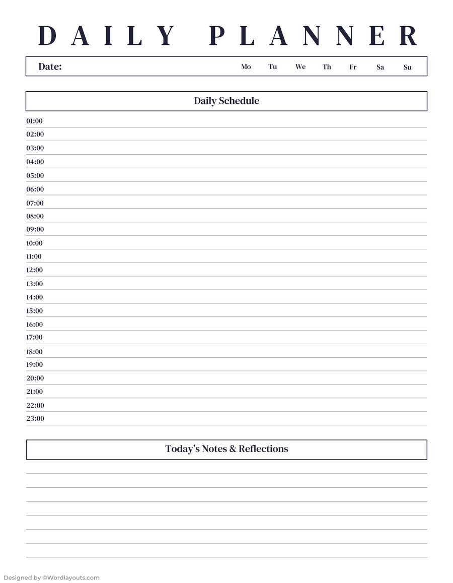 24-Hour Daily Schedule Planner Template - WordLayouts