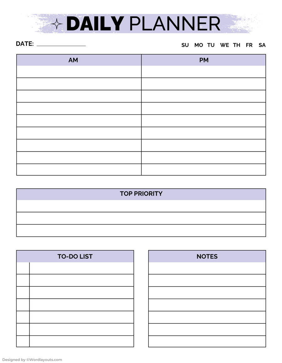 AM-PM Daily Planner Template - WordLayouts