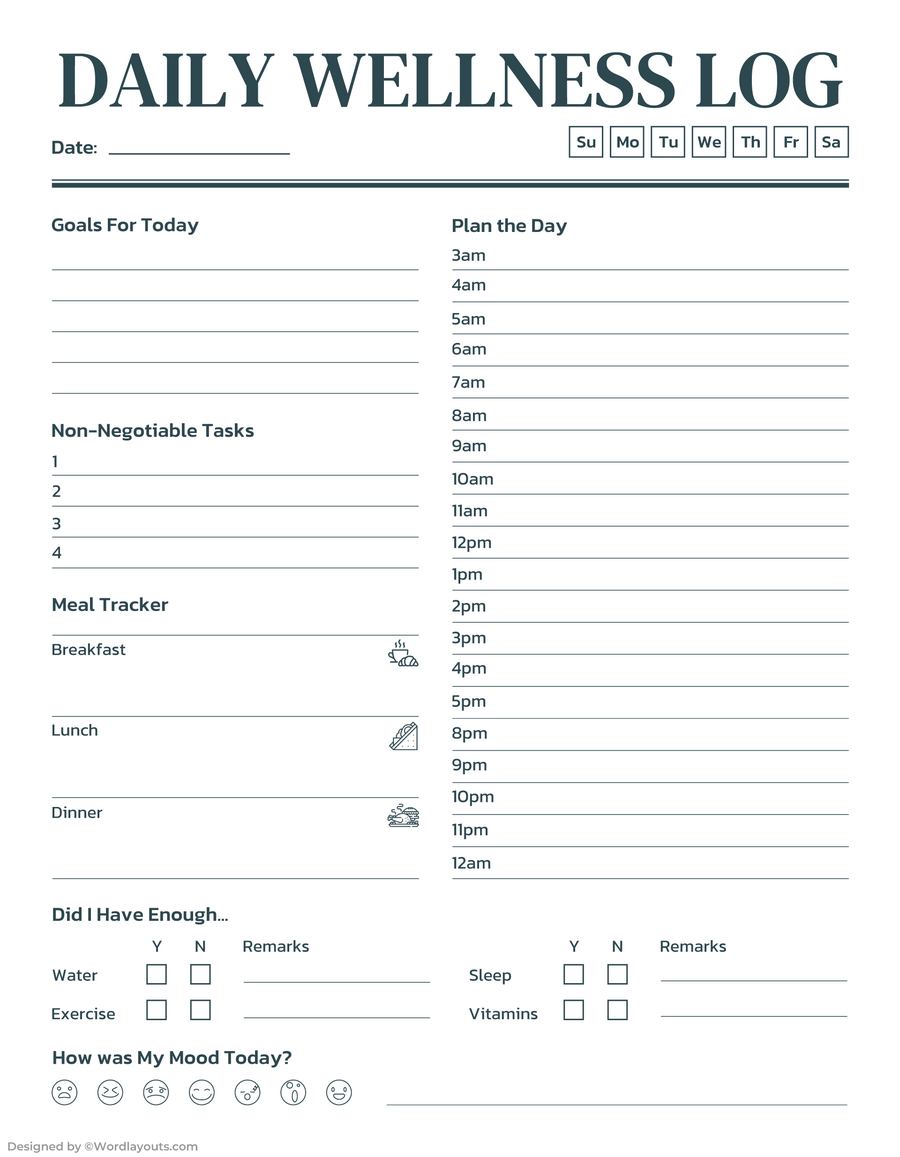 Complete Wellness Log Template - WordLayouts