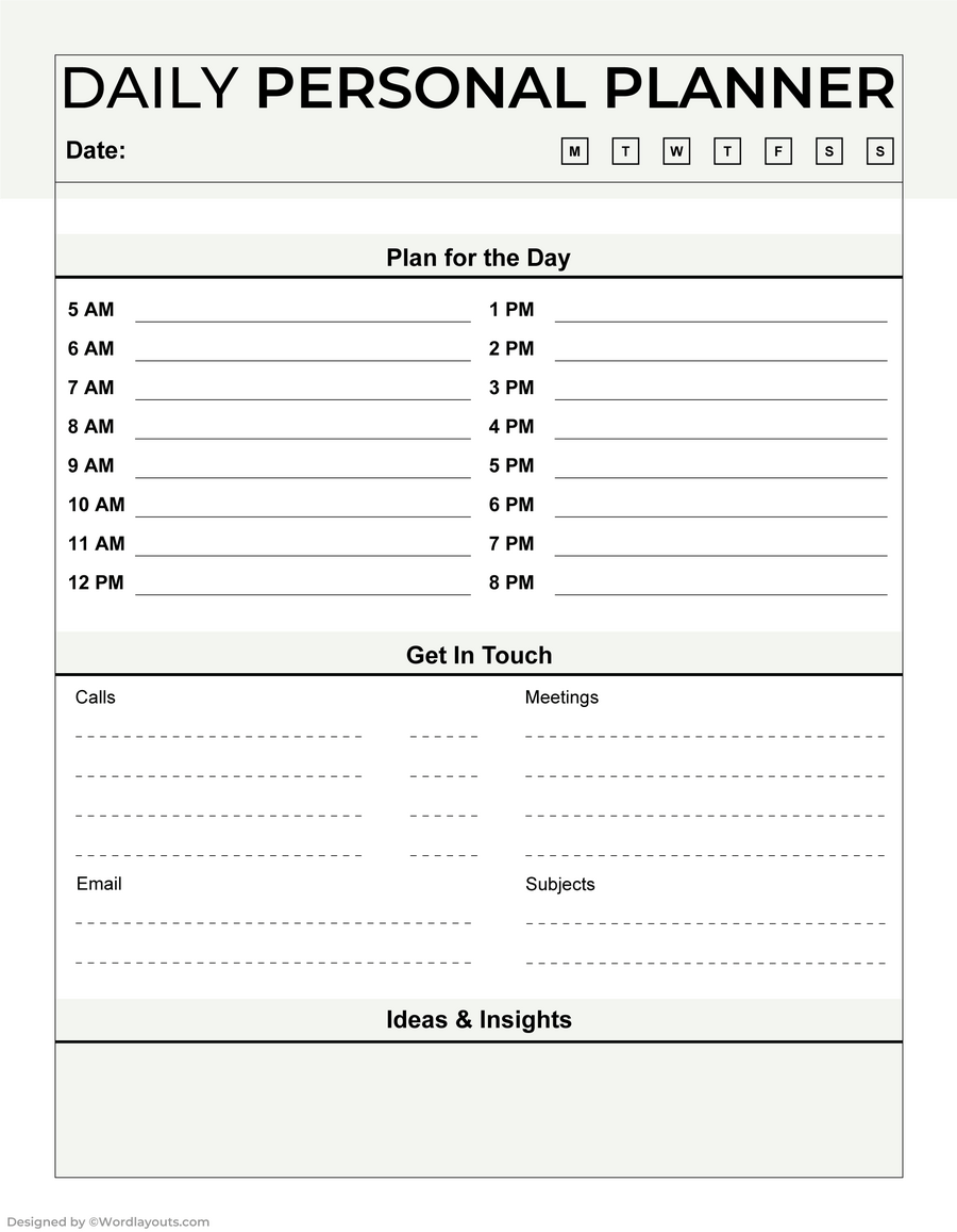 Contact & Work Daily Planner Template - WordLayouts