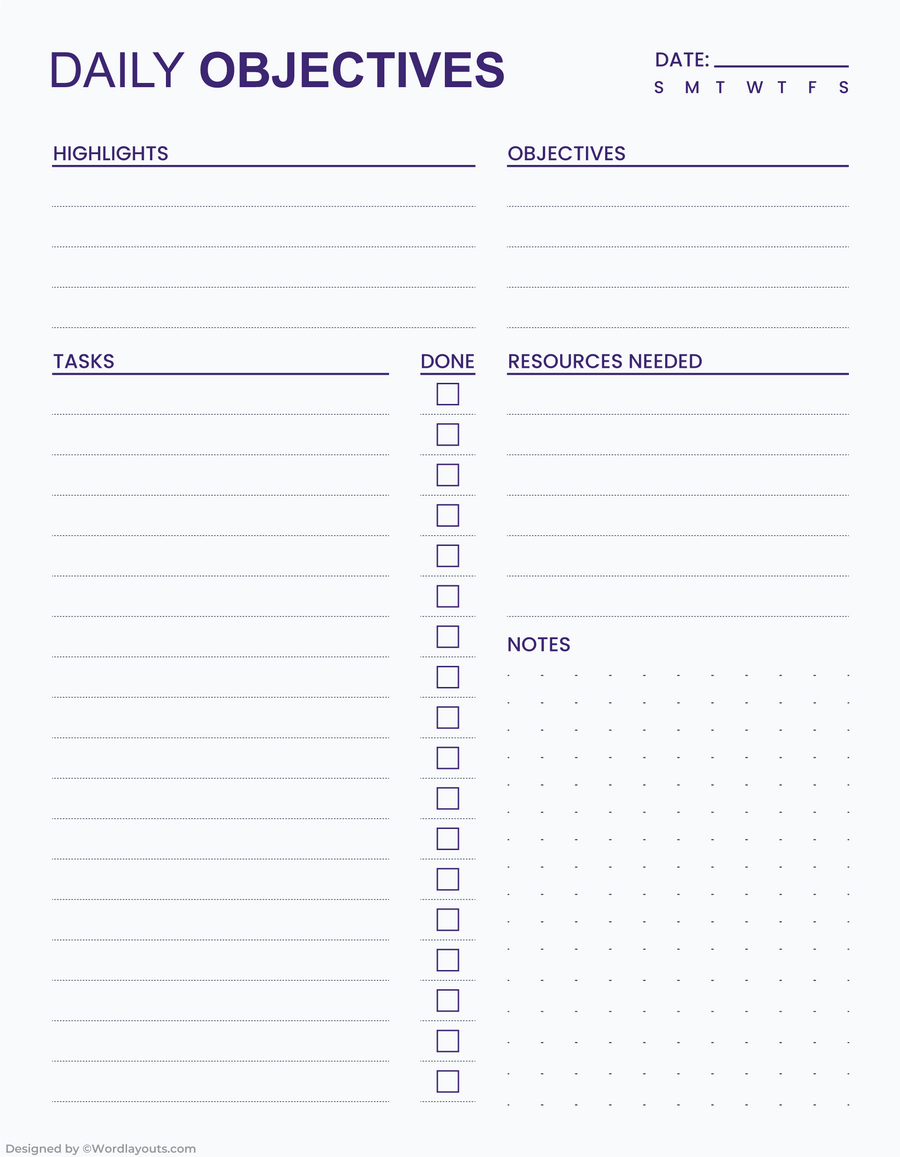 Daily Objectives Planner Sheet Template - WordLayouts