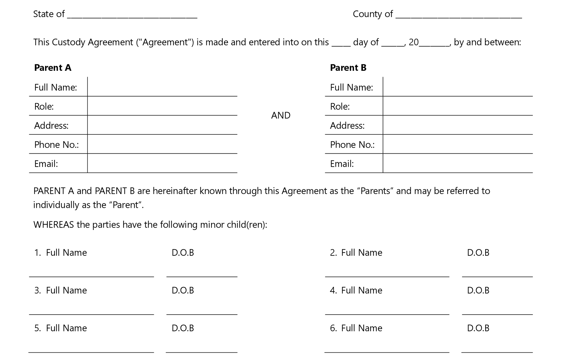 Free Joint Custody Agreement Template
