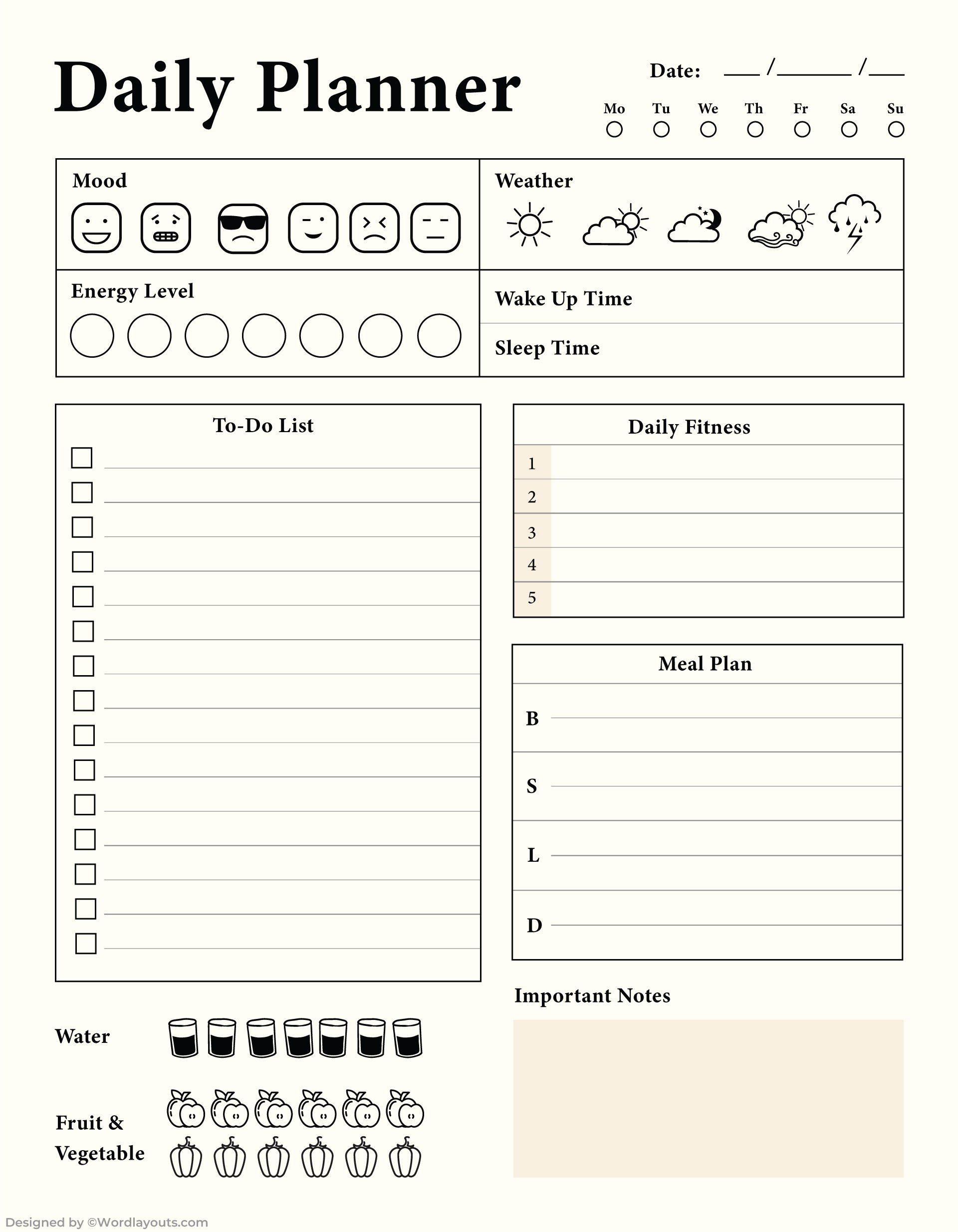 Health & Productivity Daily Sheet Template - WordLayouts