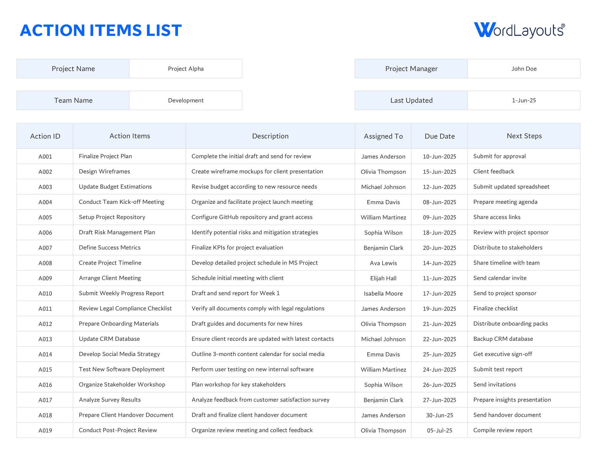 Action Items List Template for Excel