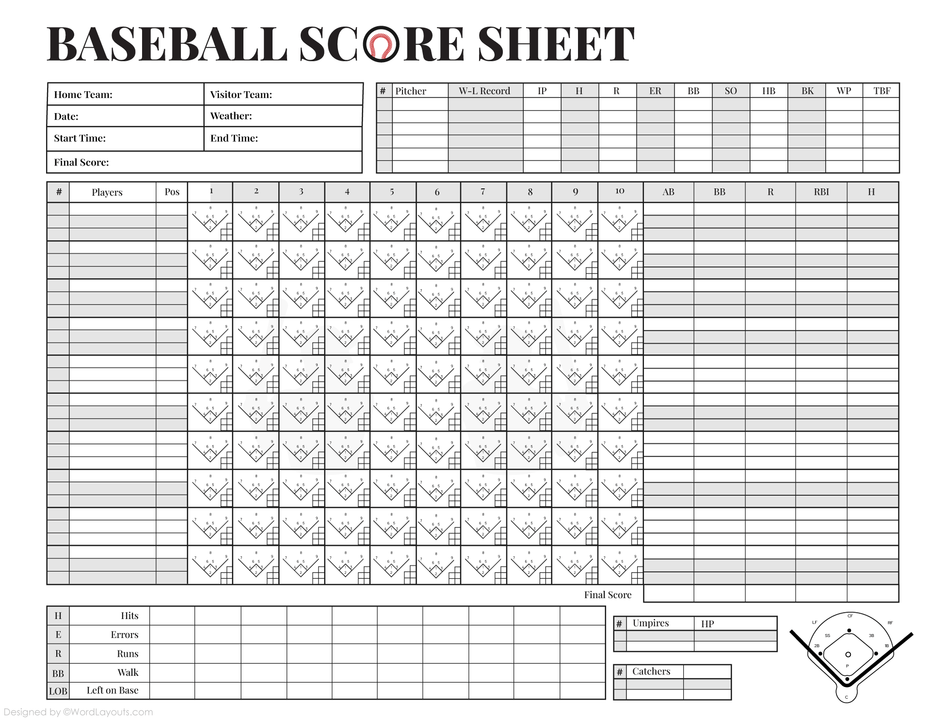 Baseball Score Sheet with Field Diagram Template - WordLayouts