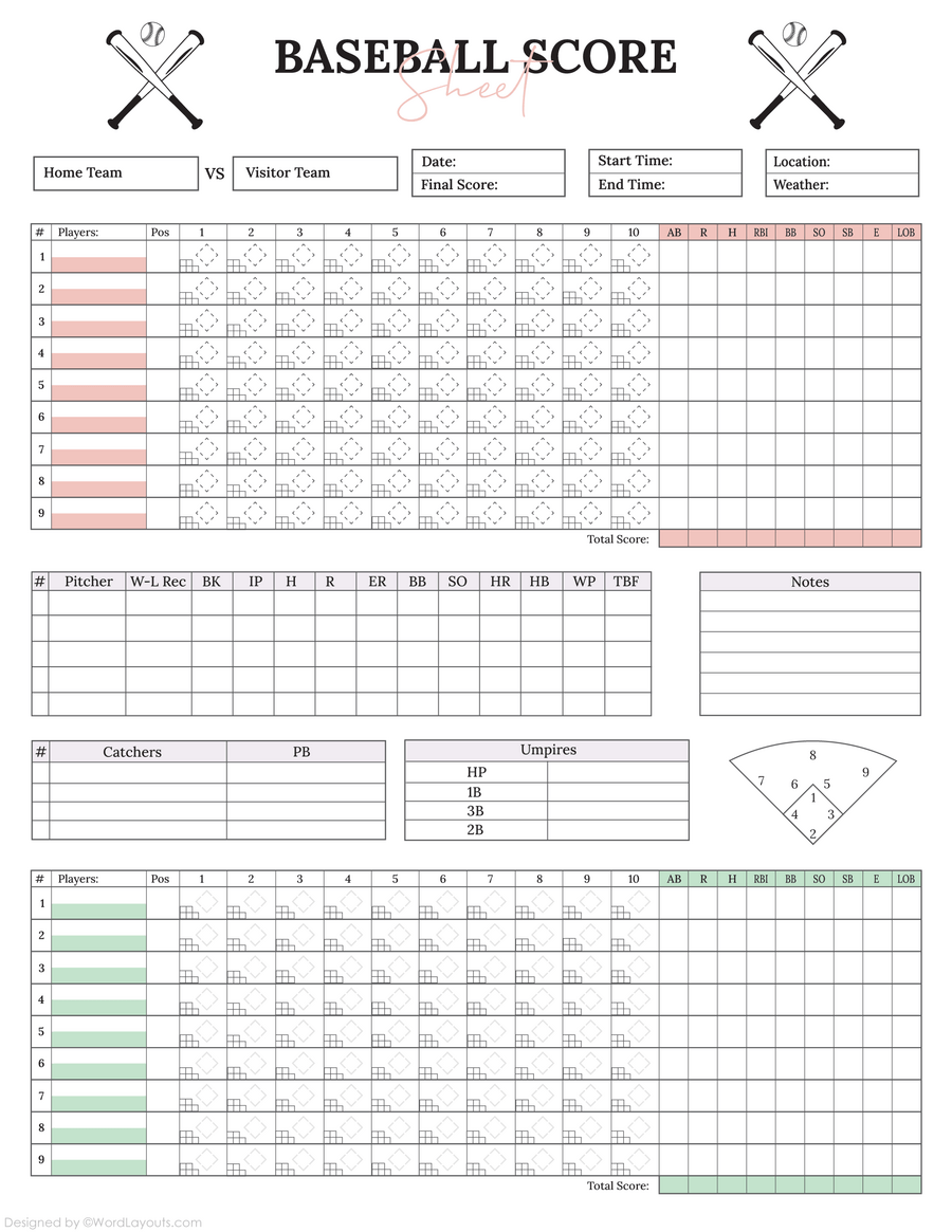 Dual-Team Baseball Score Sheet Template - WordLayouts