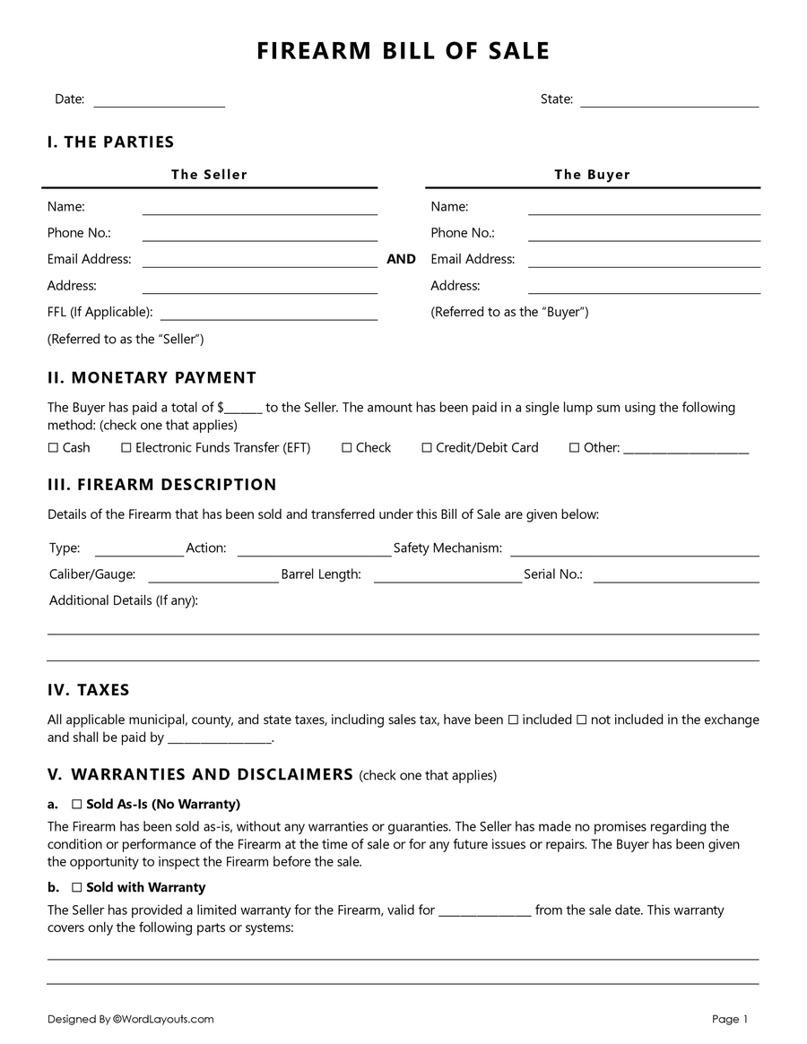Firearm Bill of Sale Form | Word - Google Docs
